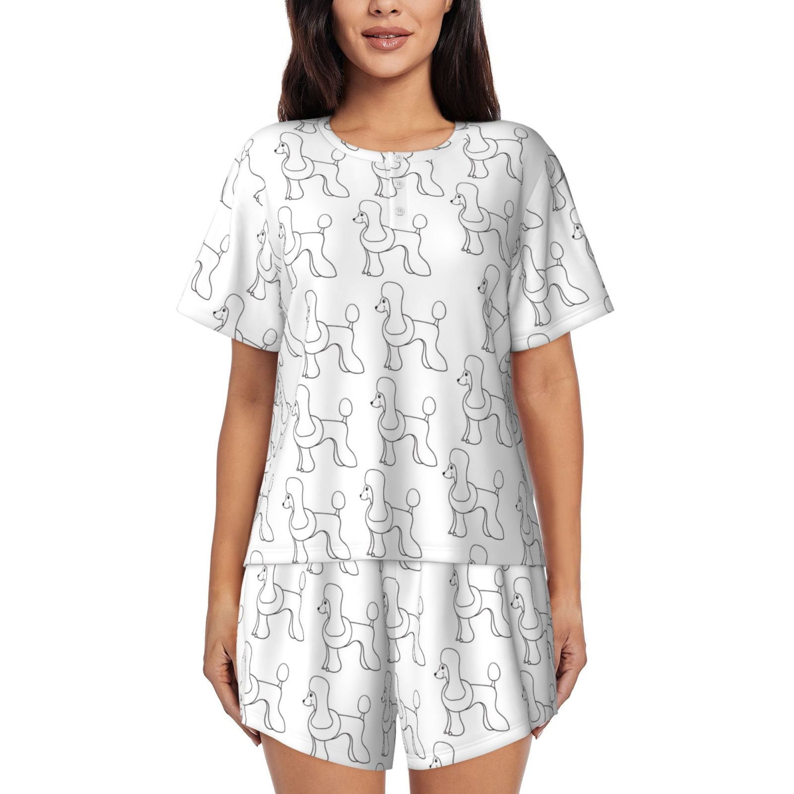 Pajamas For Women Set, Black Lines Cute Poodle Dog Pj Lounge Sets For ...