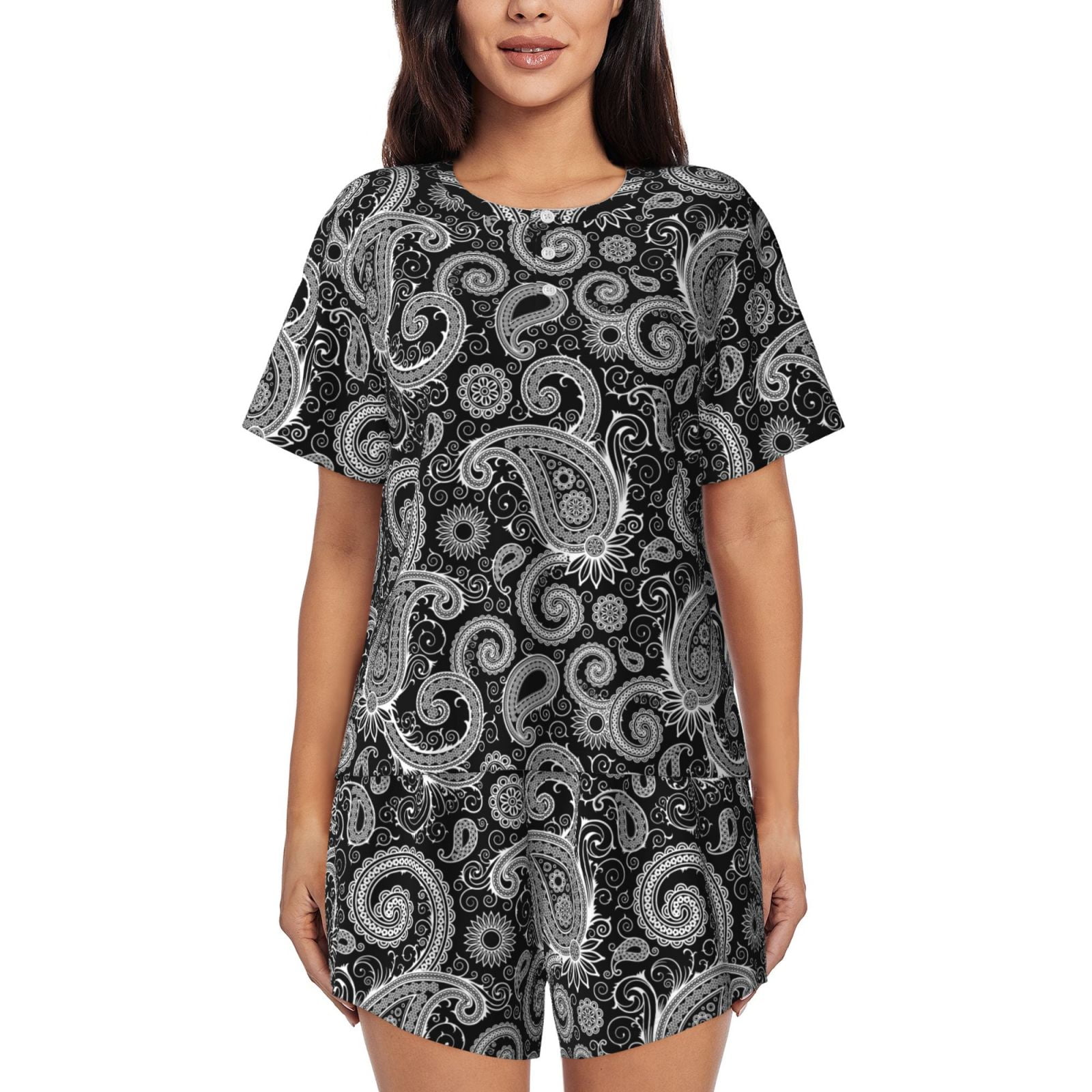 Pajamas For Women Set, Black White Indian Paisley Pj Lounge Sets For ...