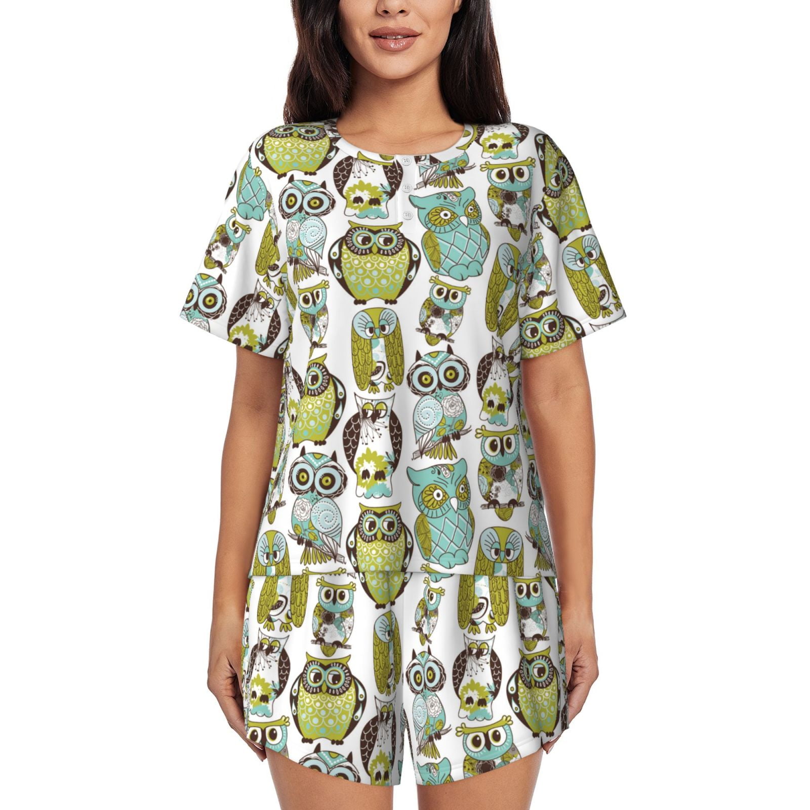 Pajamas For Women Set, Blue Green Owls Pj Lounge Sets For Women 2 Piece ...