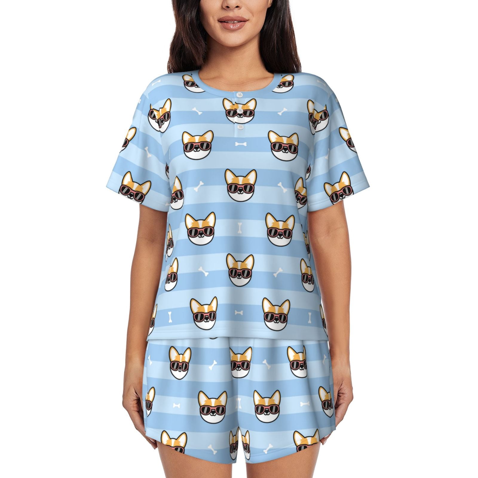 Pajamas For Women Set, Blue Striped Cute Glasses Corgi Pj Lounge Sets ...
