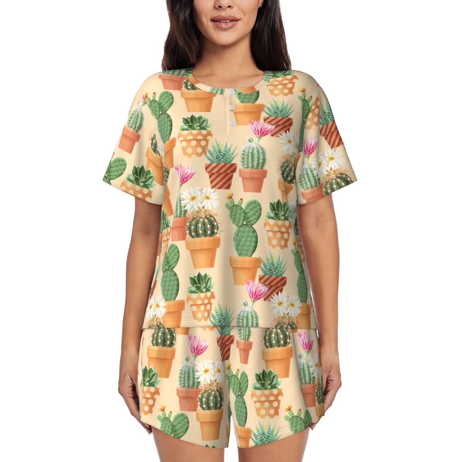Pajamas For Women Set, Cactus Blooming Potted Plant Pj Lounge Sets For ...