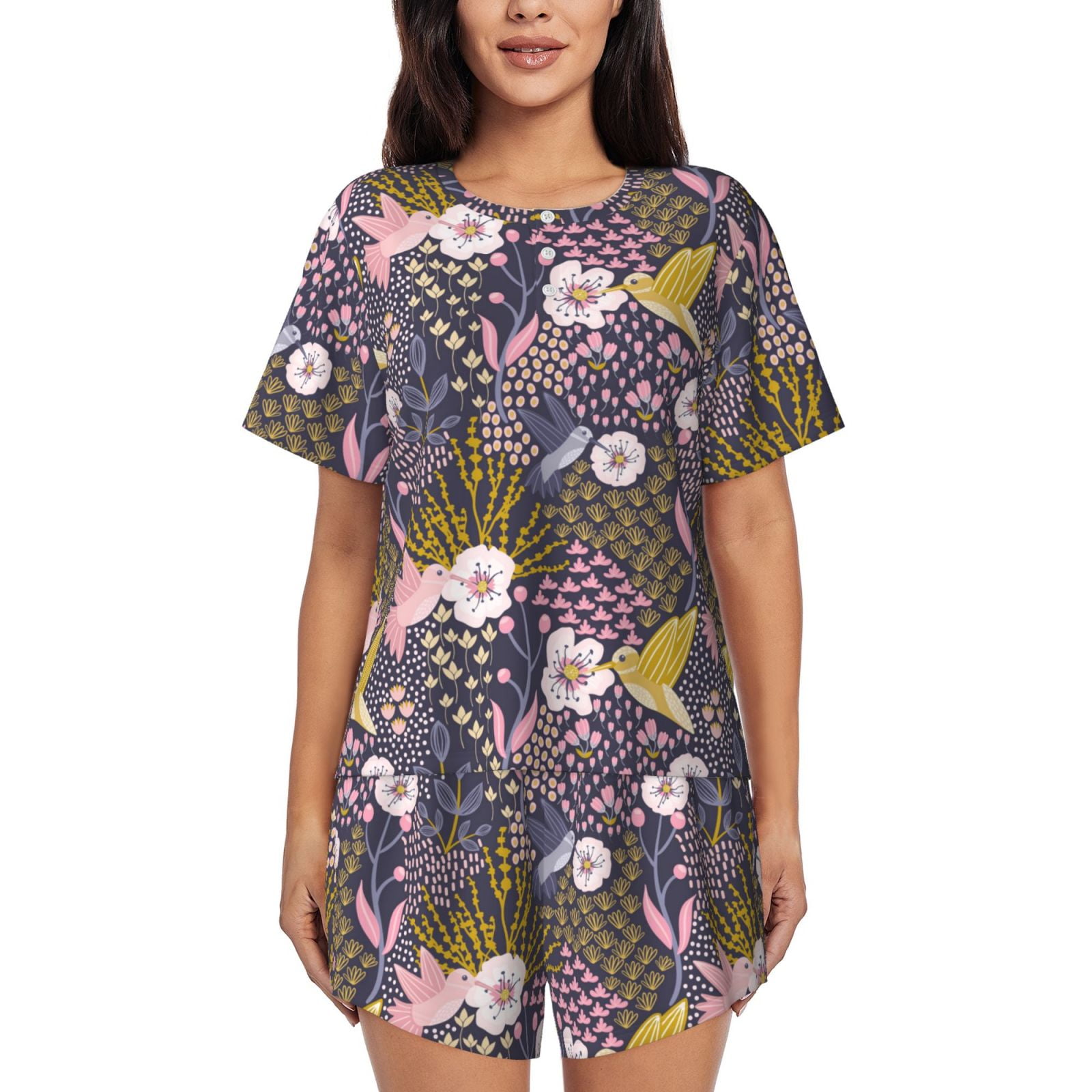 Pajamas For Women Set, Cartoon Hummingbird Flower Pj Lounge Sets For ...