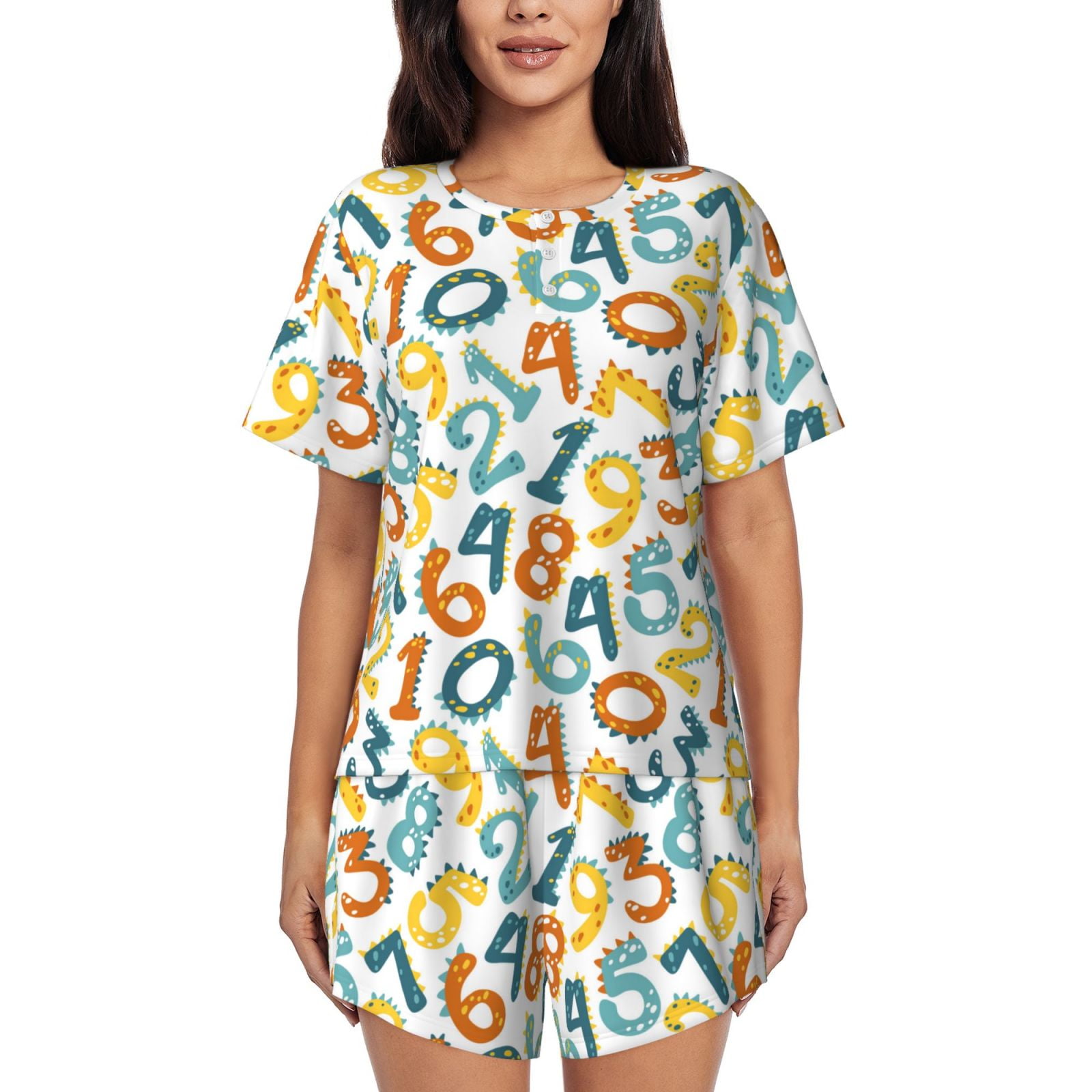 Pajamas For Women Set, Cartoon Math Number Print Pj Lounge Sets For ...
