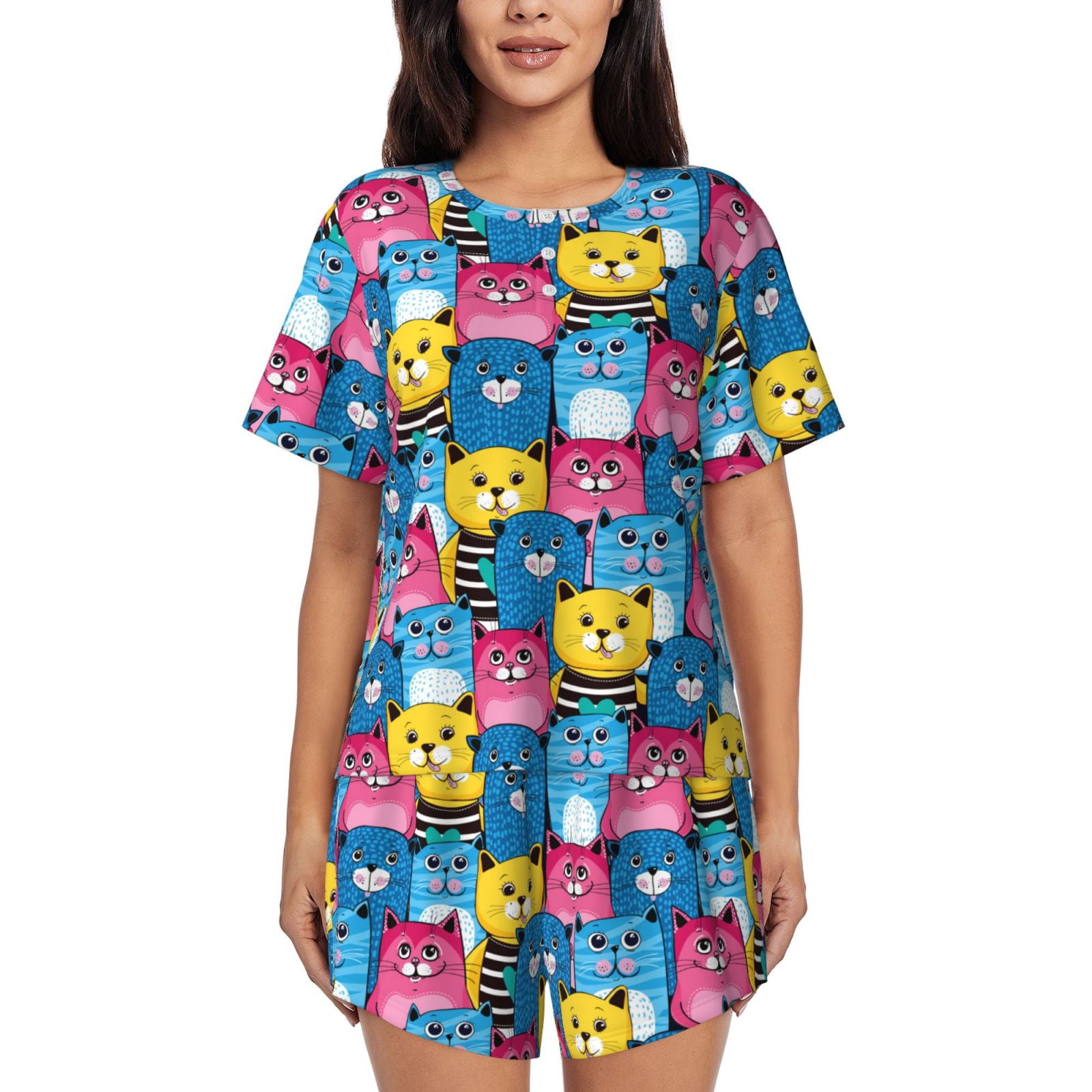 Pajamas For Women Set, Classic Colorful Cute Cartoon Cat Pj Lounge Sets ...