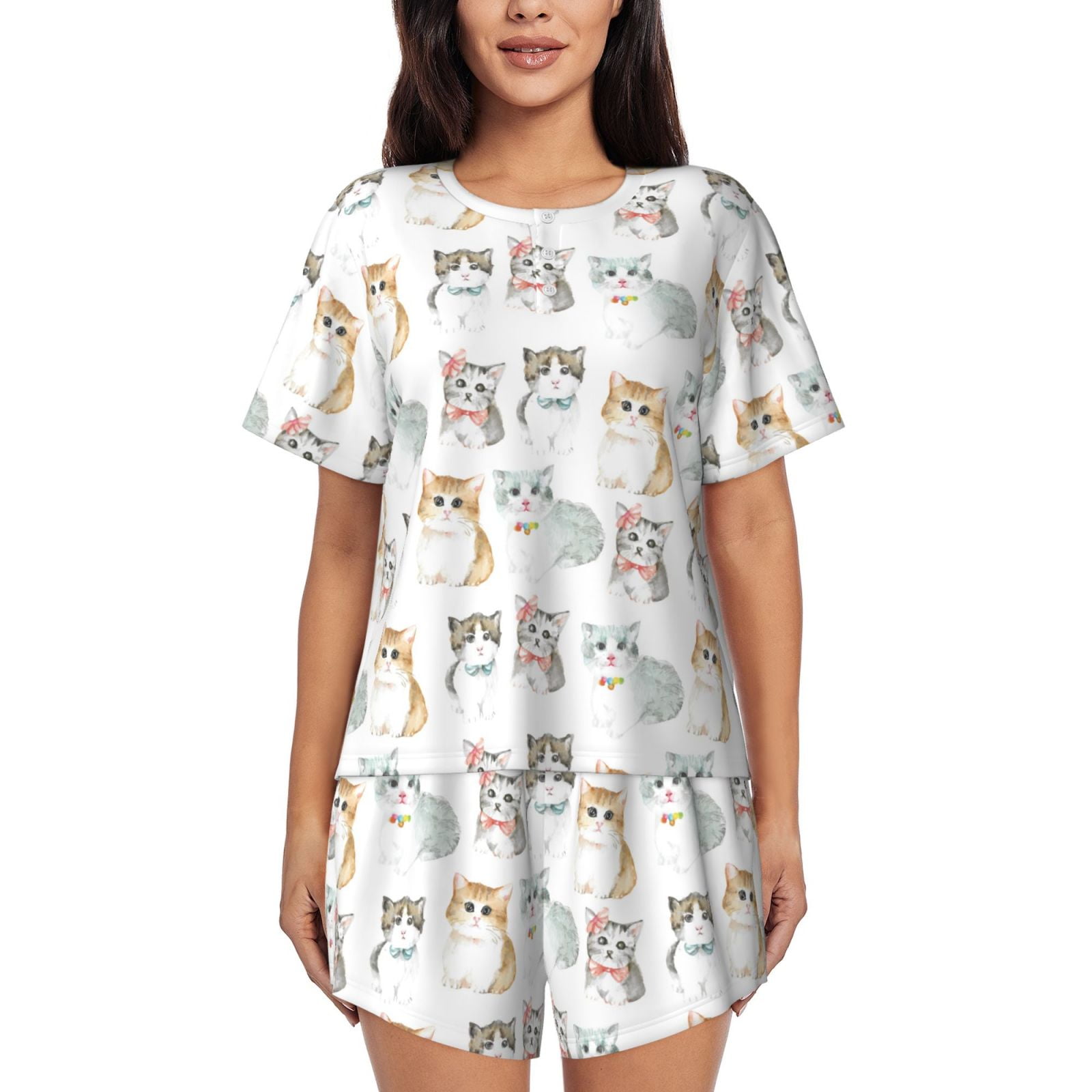 Pajamas For Women Set - Classic Painted Cute Cartoon Cat 2 Piece Womens ...