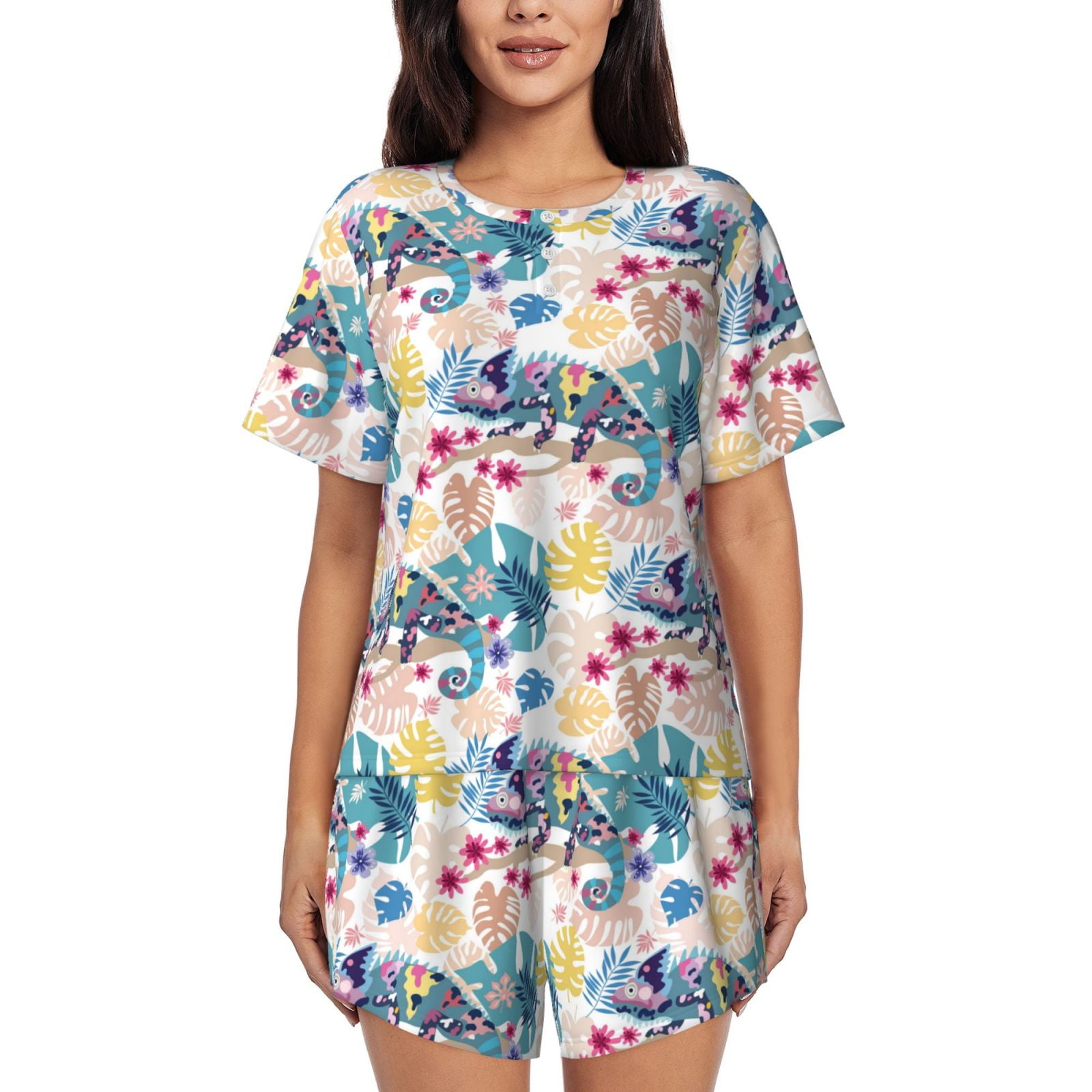 Pajamas For Women Set, Colorful Chameleon Lizard Monstera Pj Lounge ...