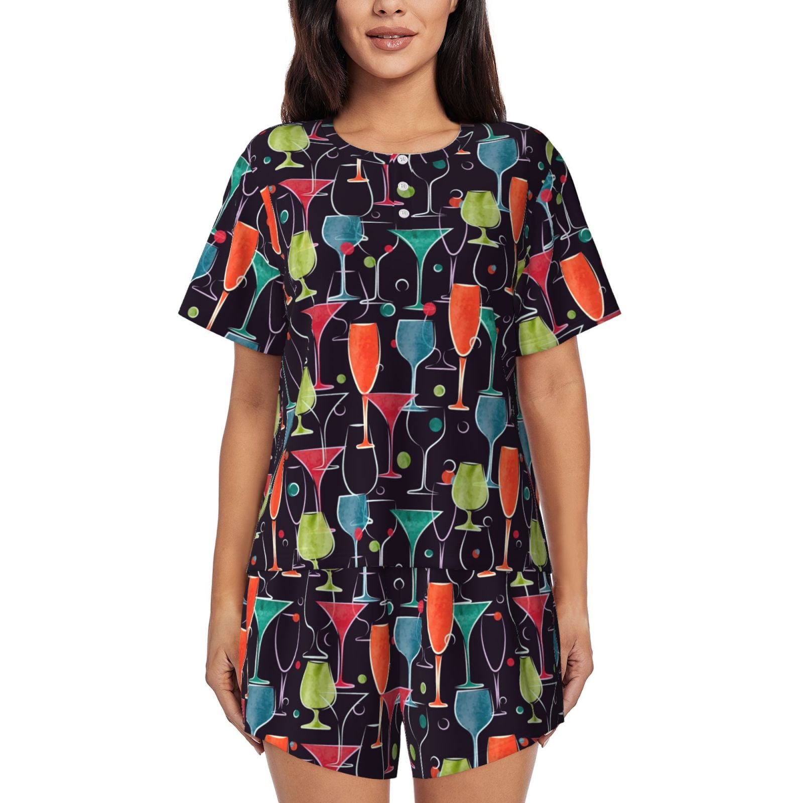 Pajamas For Women Set, Colorful Wine Glass Print Pj Lounge Sets For ...