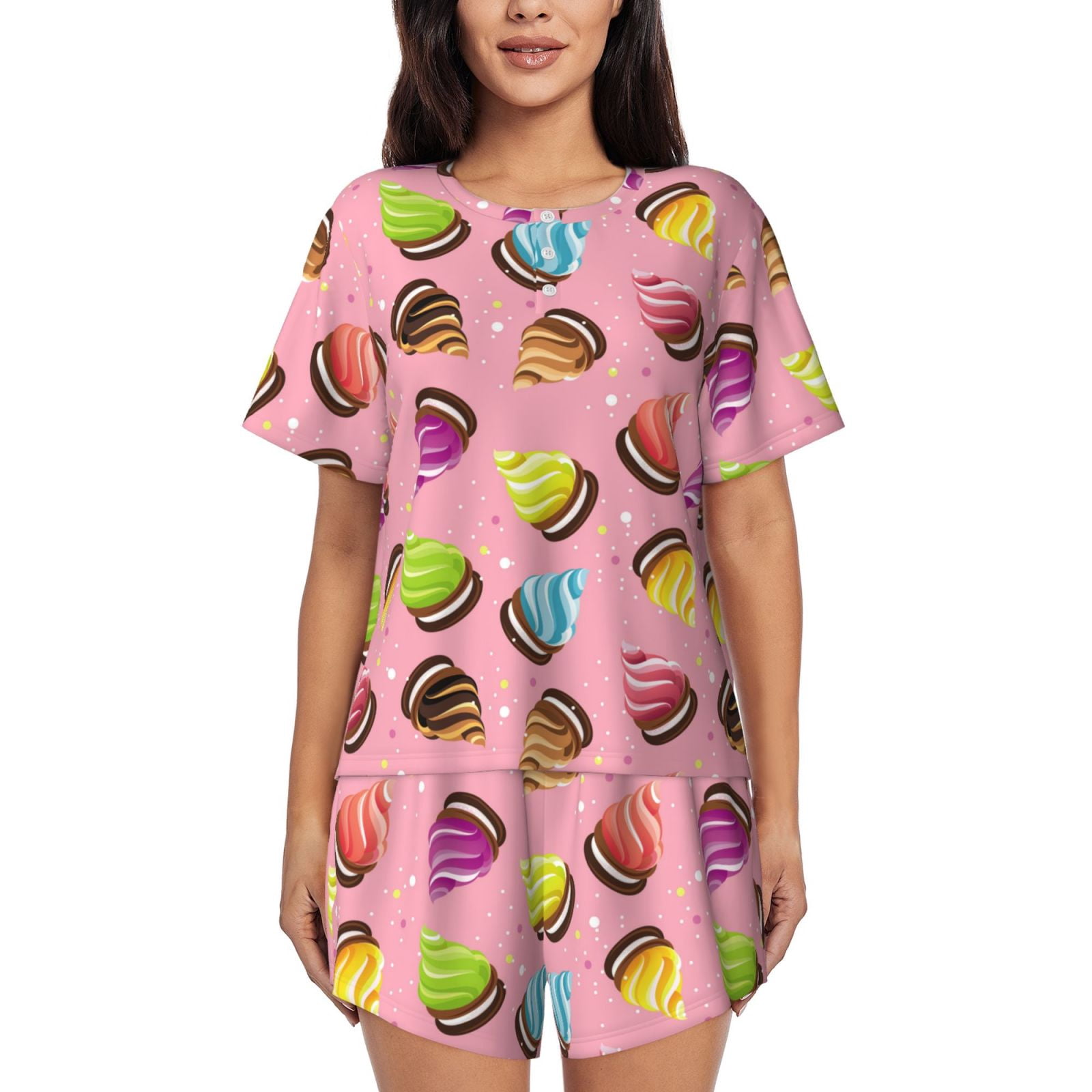 Pajamas For Women Set, Colourful Ice Cream Print Pink Pj Lounge Sets ...