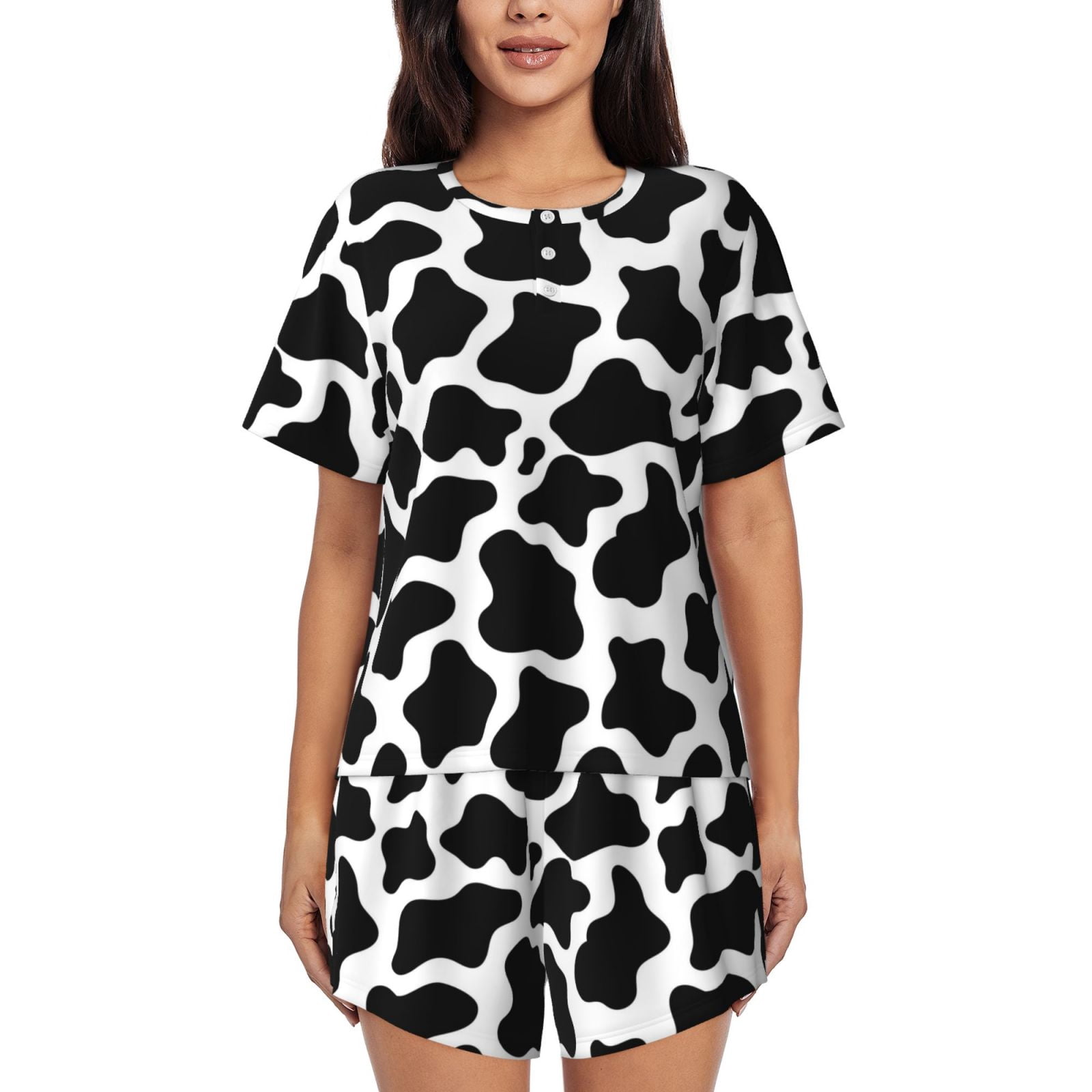 Pajamas For Women Set, Cow Print Black White Pj Lounge Sets For Women 2 ...