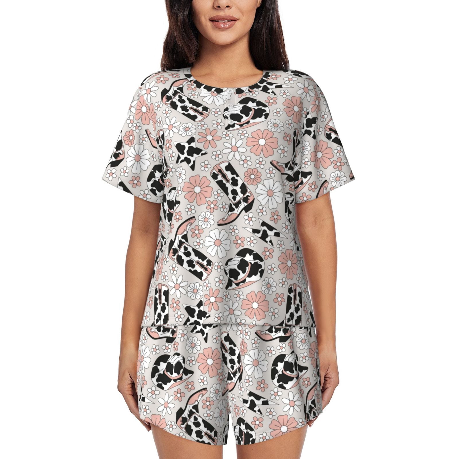 Pajamas For Women Set, Cow Print Cowboy Hat Boots Flower Pj Lounge Sets ...