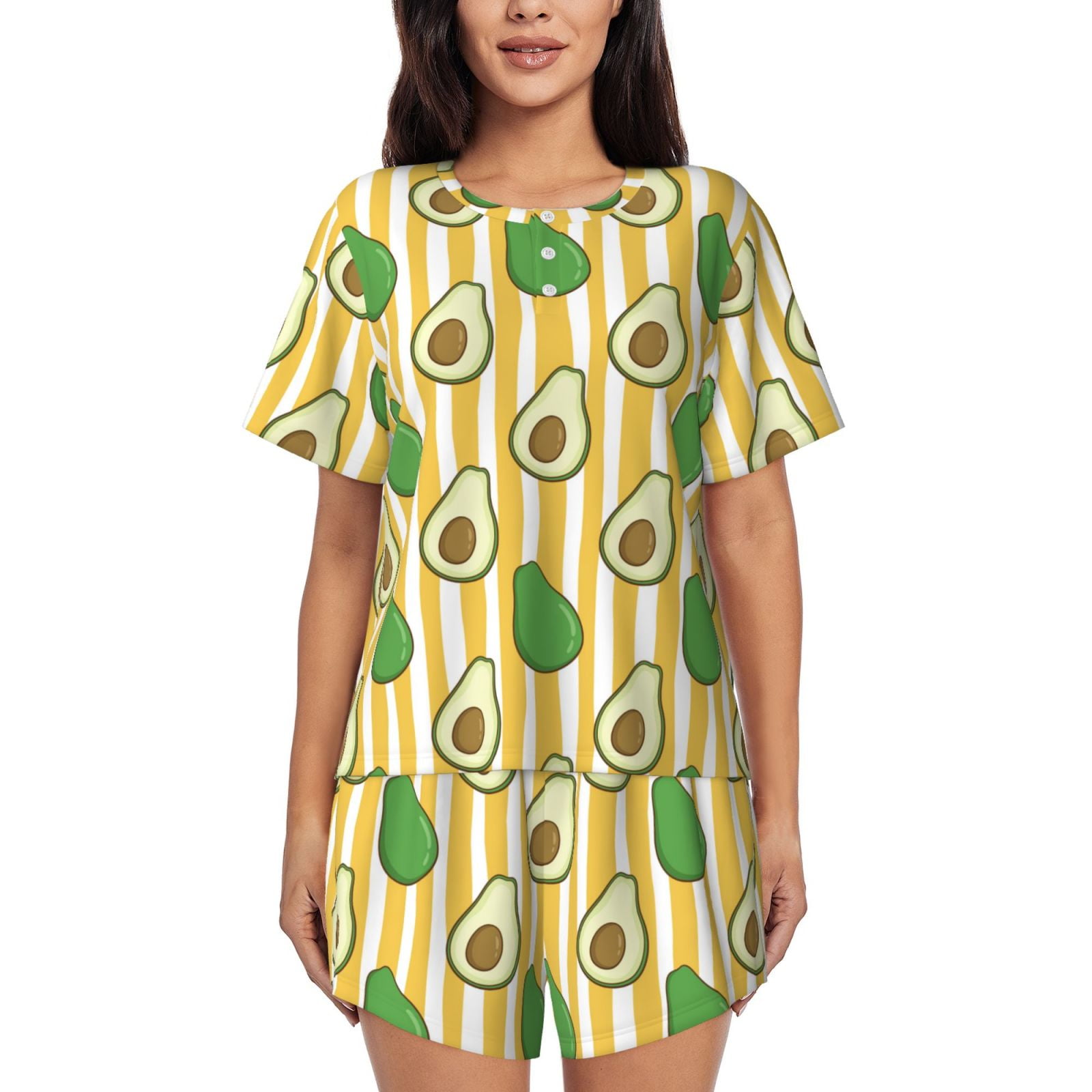 Pajamas For Women Set, Cute Avocado Yellow Stripe Pj Lounge Sets For ...