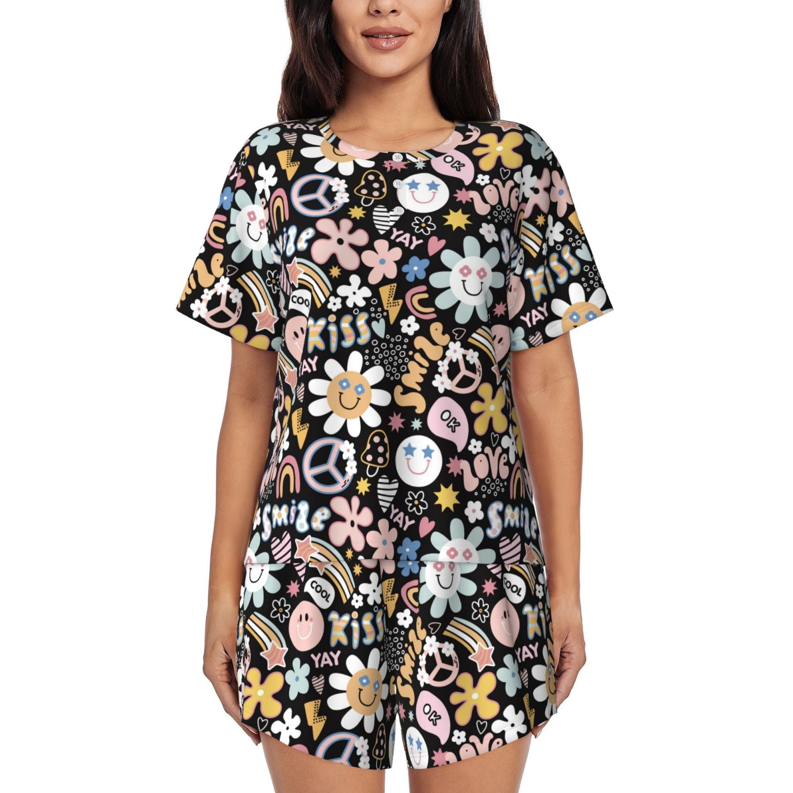 Pajamas For Women Set, Cute Cartoon Flowers Pj Lounge Sets For Women 2 ...