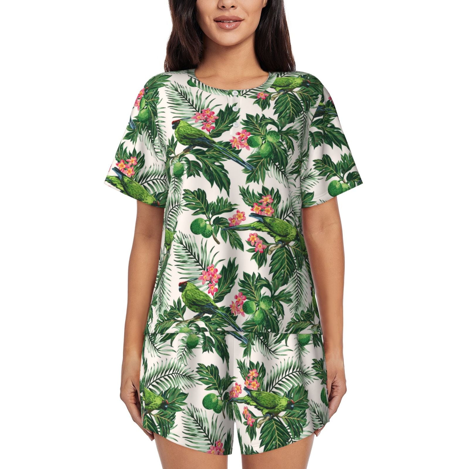 Pajamas For Women Set, Cute Parrot Palm Leaf Green Pj Lounge Sets For Women 2 Piece, Soft Short ...