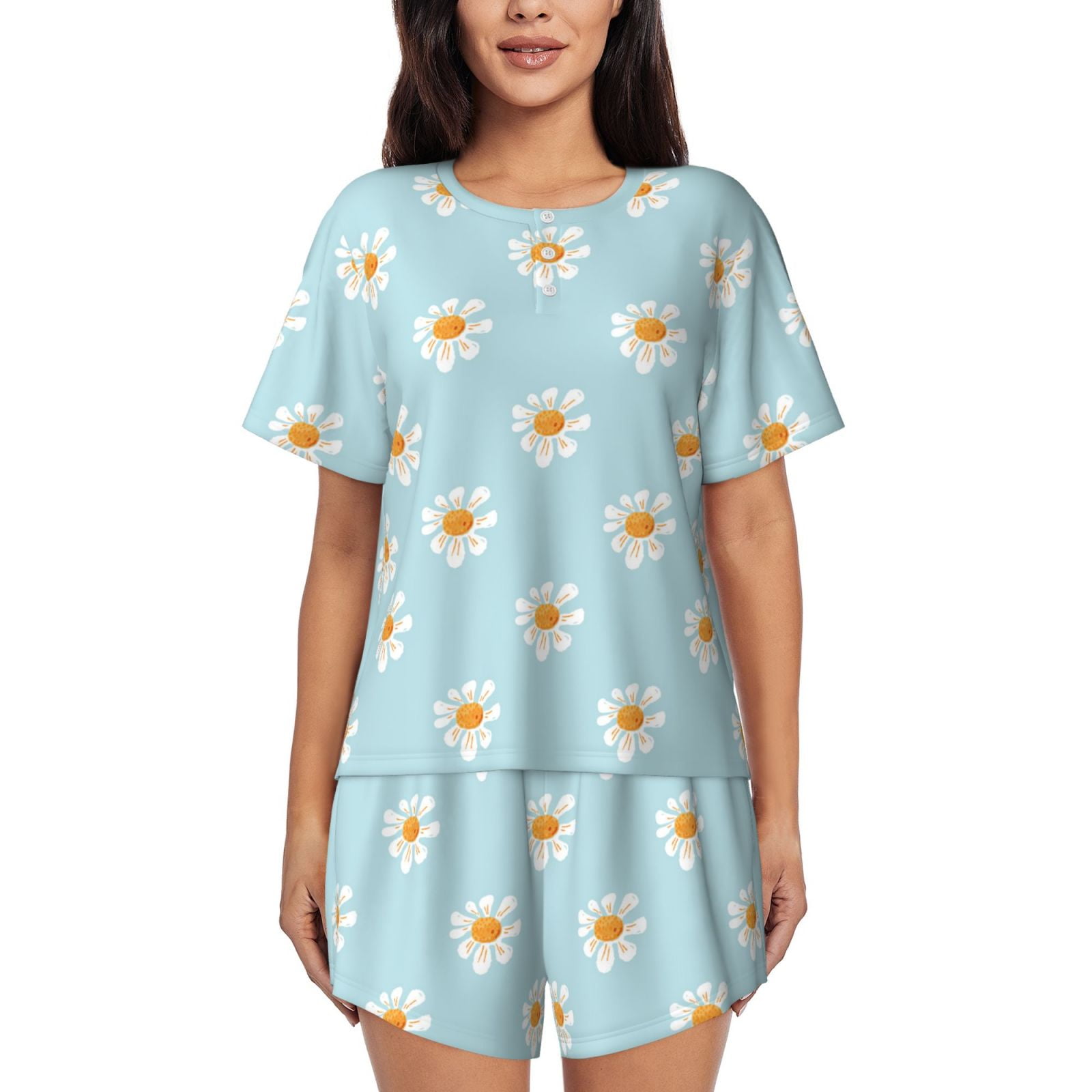 Pajamas For Women Set, Daisies Flowers Light Blue Pj Lounge Sets For ...