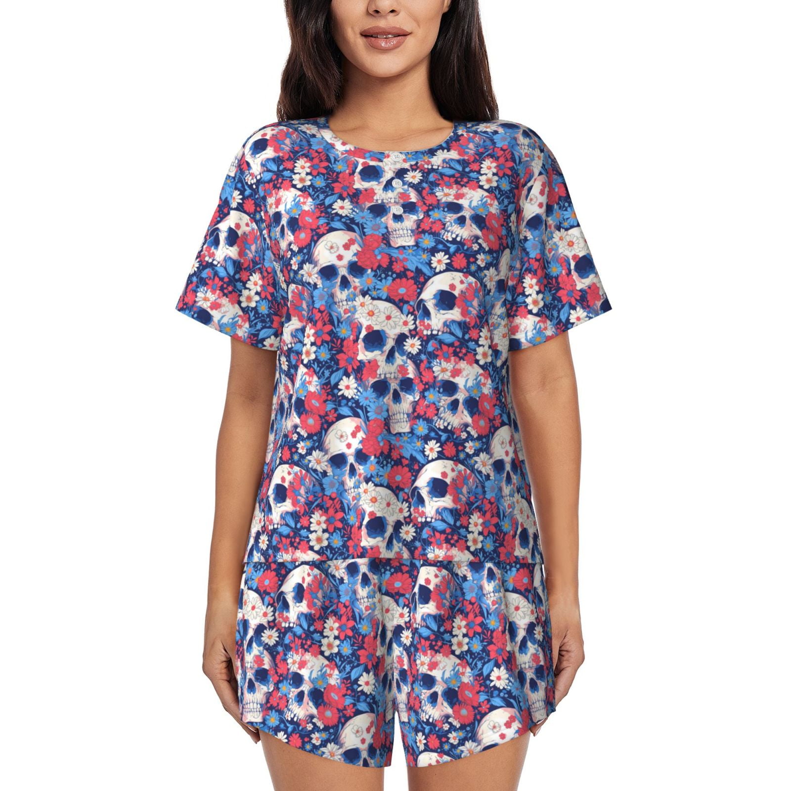 Pajamas For Women Set, Daisy Skull Red Flower Pj Lounge Sets For Women ...