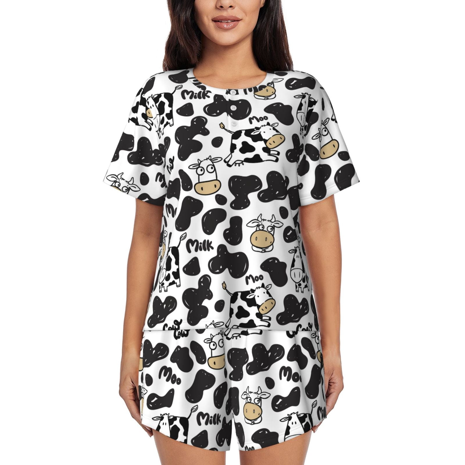 Pajamas For Women Set, Edgy Cartoon Cute Cow Black White Pj Lounge Sets ...