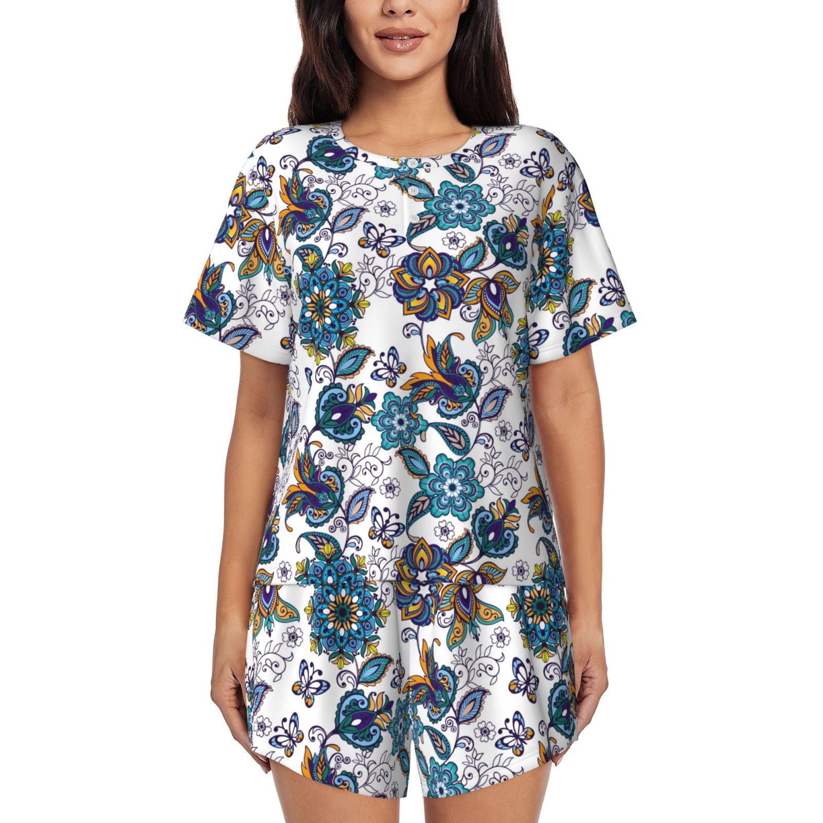 Pajamas For Women Set, Elegant Flower Butterfly Paisley Pj Lounge Sets ...