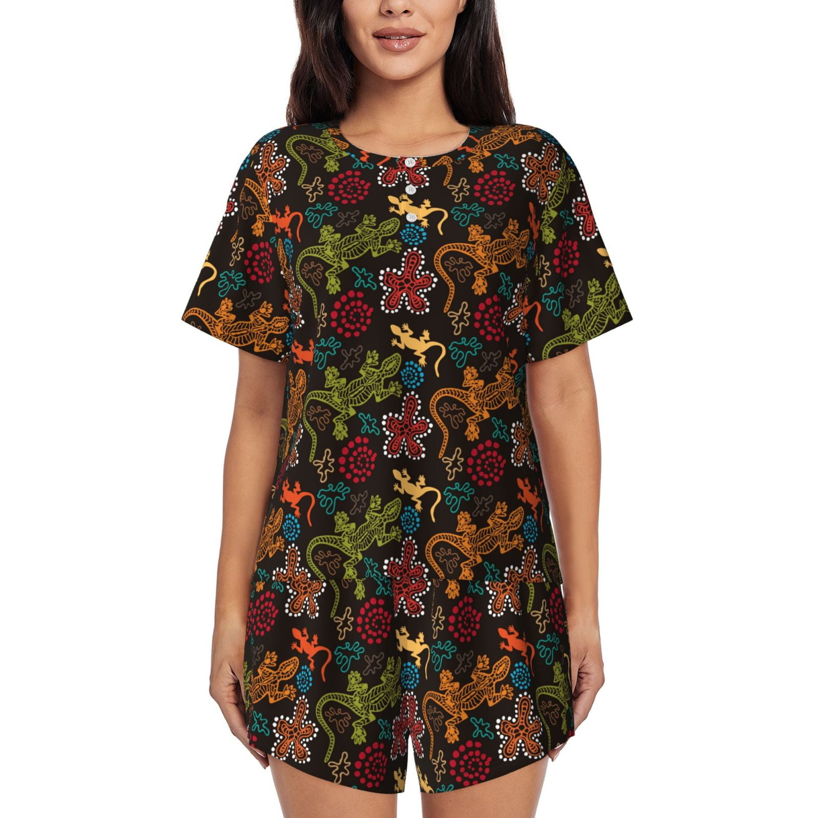 Pajamas For Women Set, Exotic Gecko Lizard Colorful Pj Lounge Sets For ...