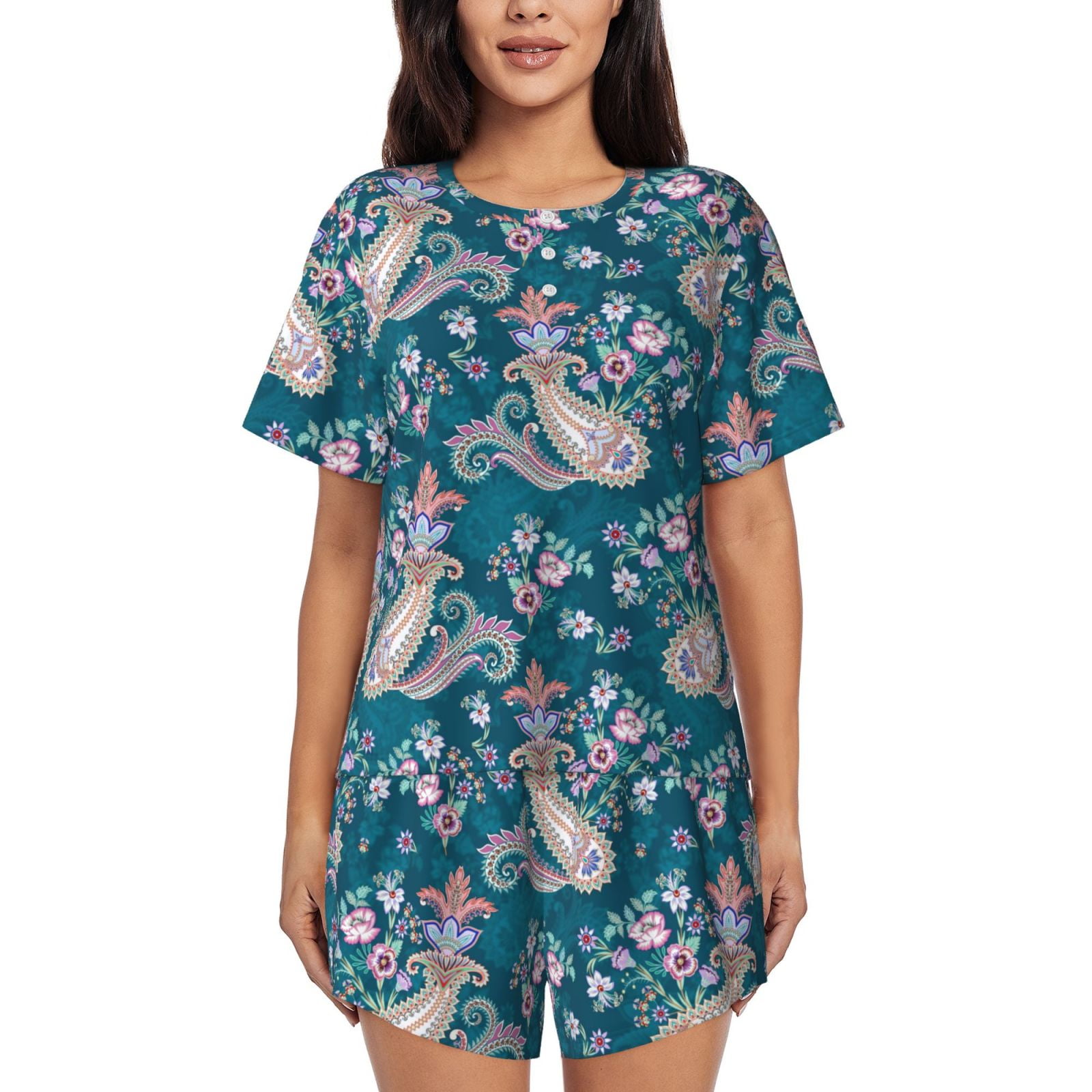 Pajamas For Women Set, Floral Paisley Pattern Green Pj Lounge Sets For ...