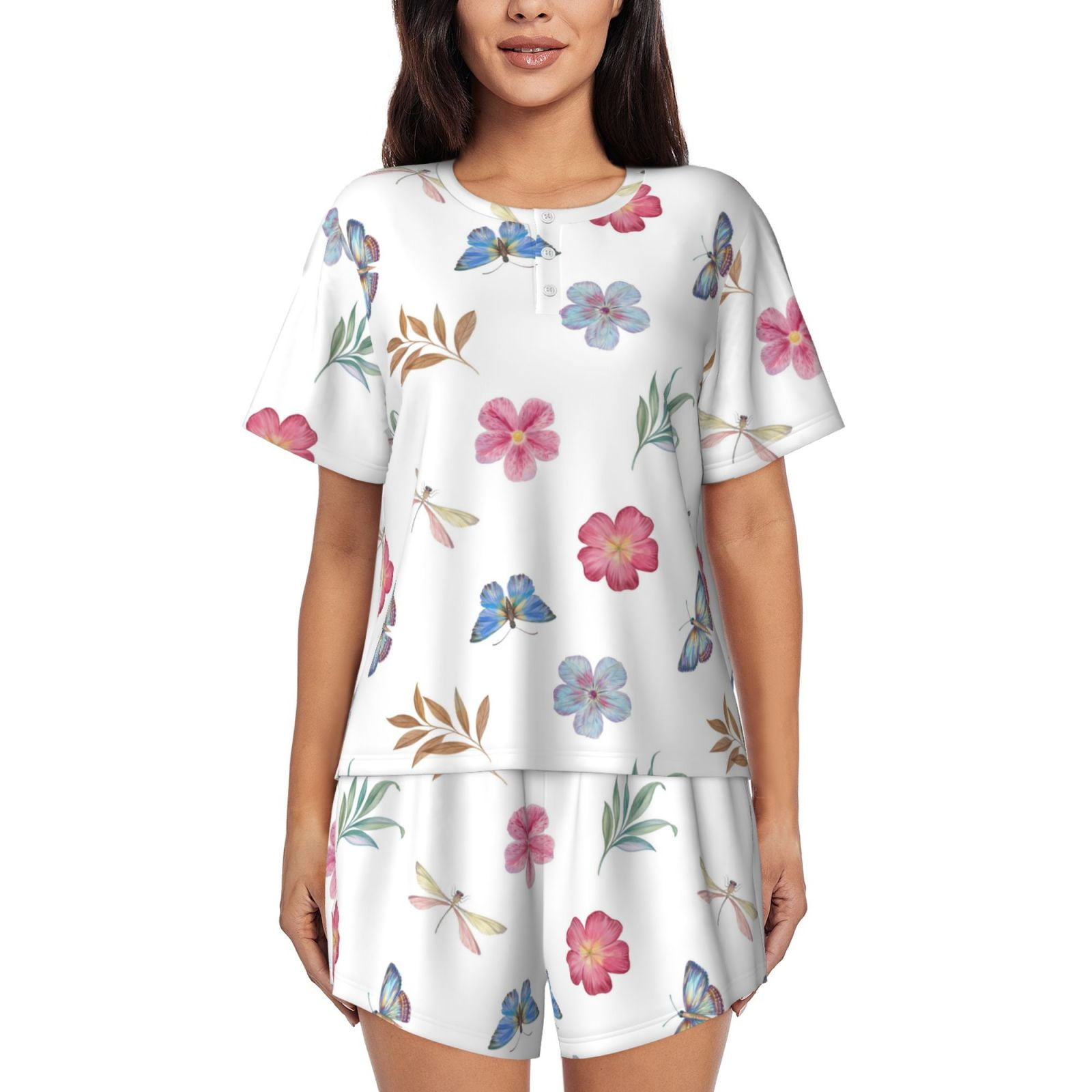 Pajamas For Women Set, Flower Leaf Butterfly Pj Lounge Sets For Women 2 Piece, Soft Short Sleeve ...