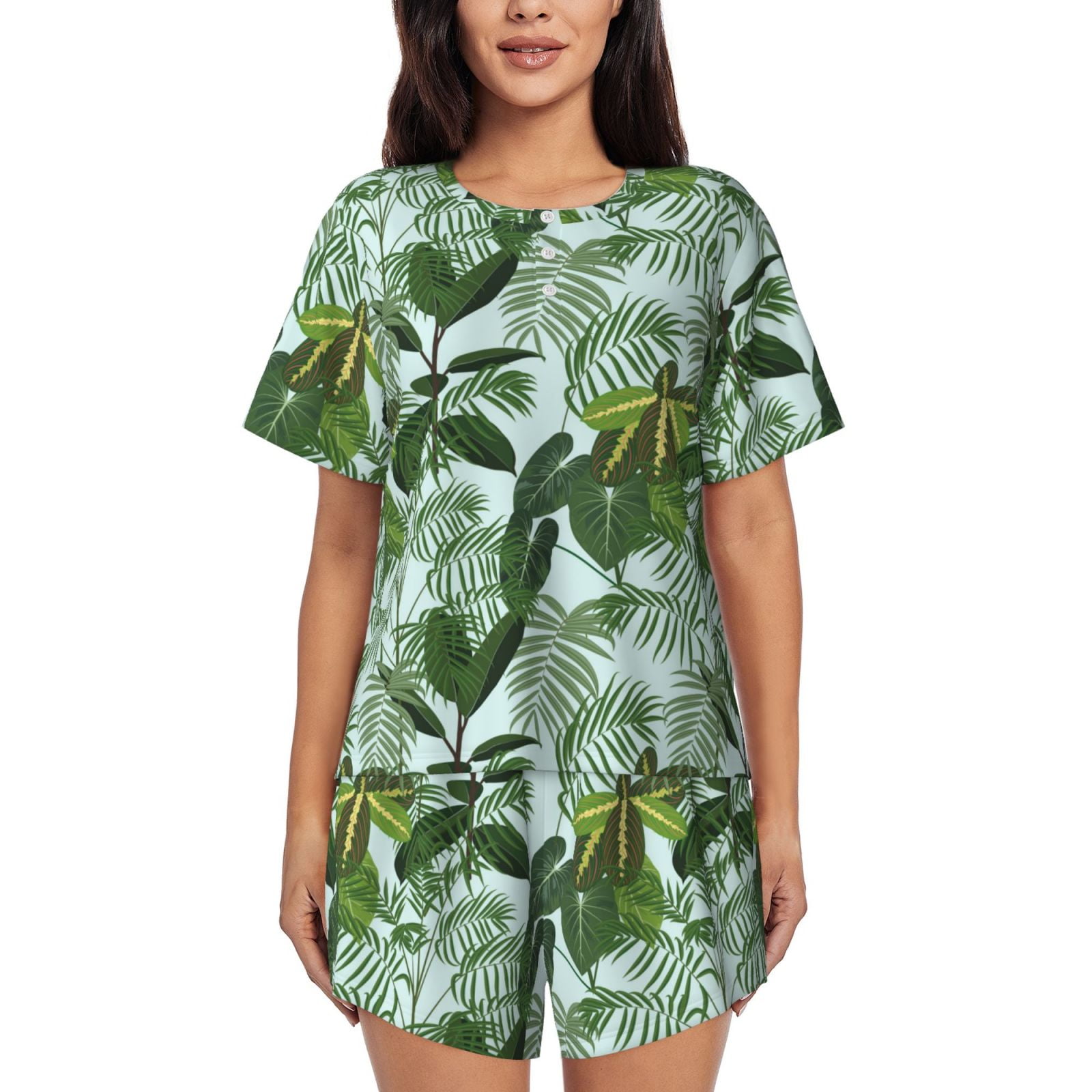 Pajamas For Women Set, Green Leaves Pj Lounge Sets For Women 2 Piece ...