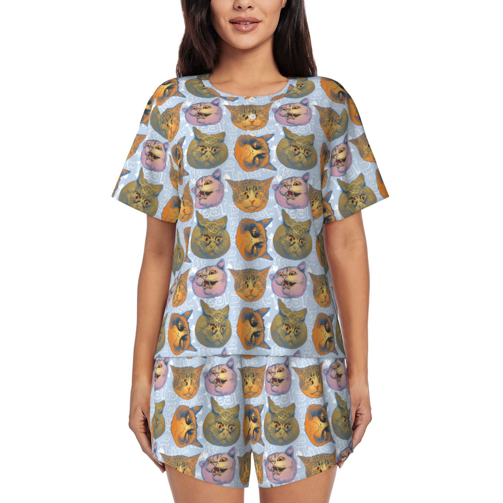 Pajamas For Women Set, Hand Drawn Funny Cat Face Pj Lounge Sets For ...