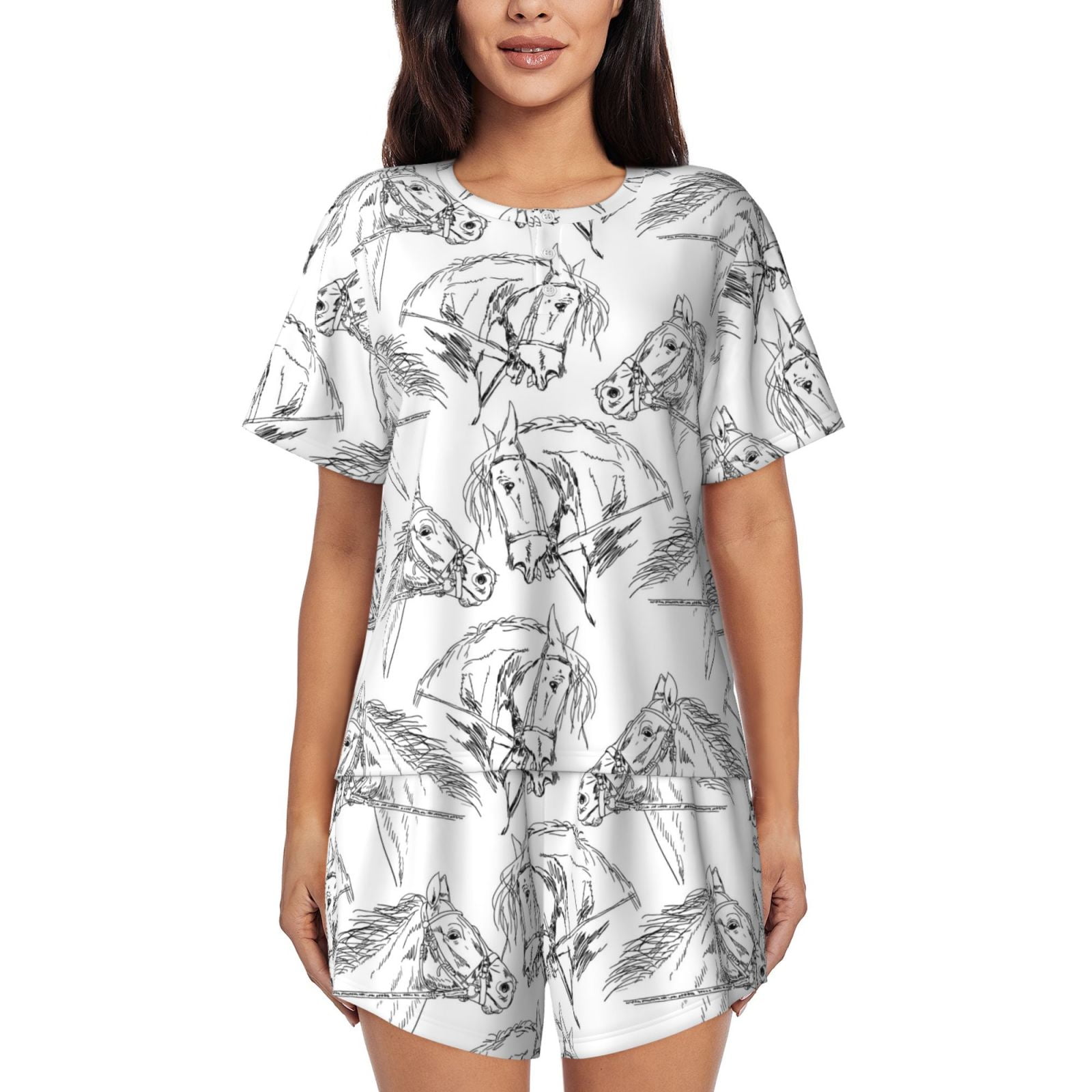 Pajamas For Women Set, Hand Drawn Line Cute Horse Pj Lounge Sets For ...