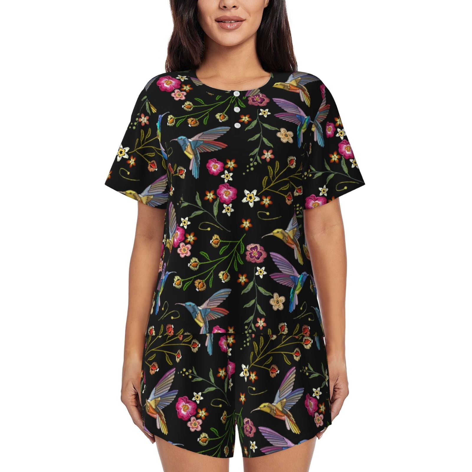 Pajamas For Women Set, Hummingbird Flower Pattern Pj Lounge Sets For ...