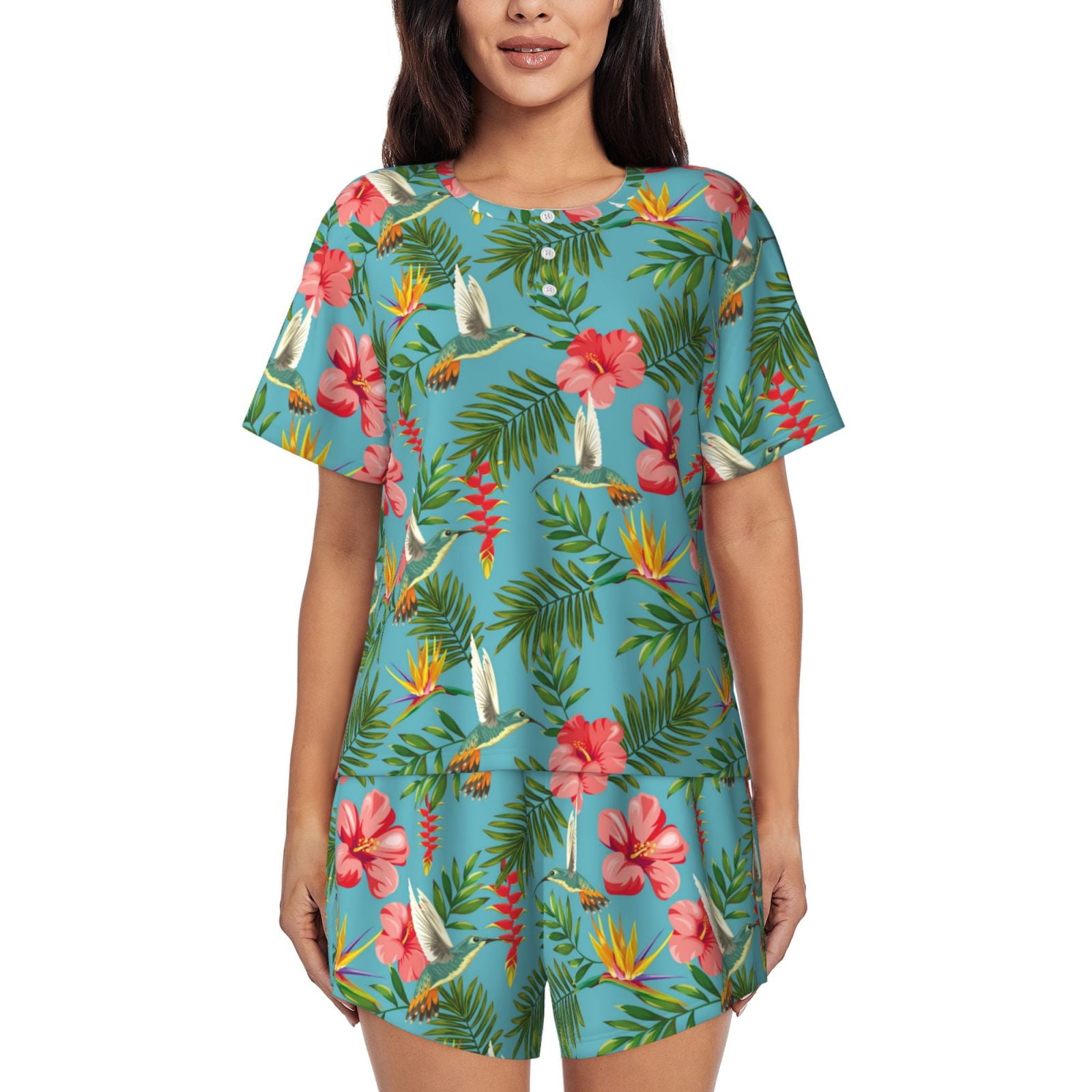 Pajamas For Women Set, Hummingbird Green Leaf Red Hibiscus Pj Lounge ...