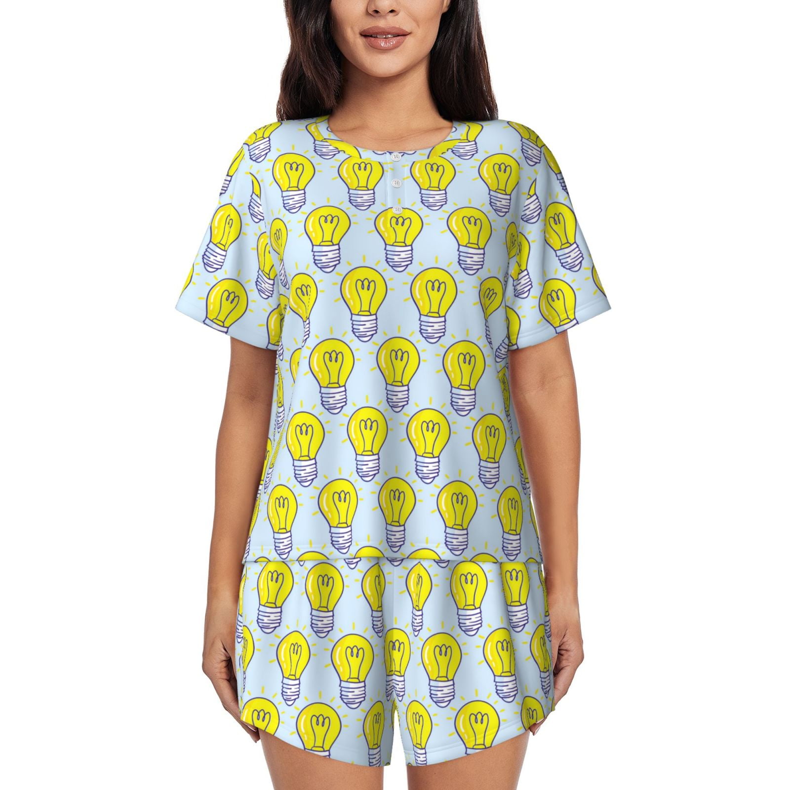 Pajamas For Women Set, Light Bulb Pattern Yellow Pj Lounge Sets For ...