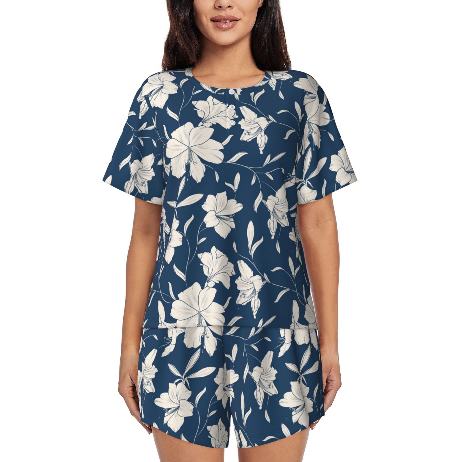Pajamas For Women Set, Lilies Flowers Navy Blue Pj Lounge Sets For ...