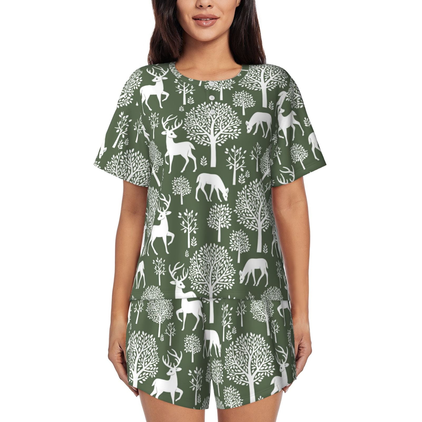 Pajamas For Women Set, Minimalist Cute Deer Tree Green Pj Lounge Sets ...