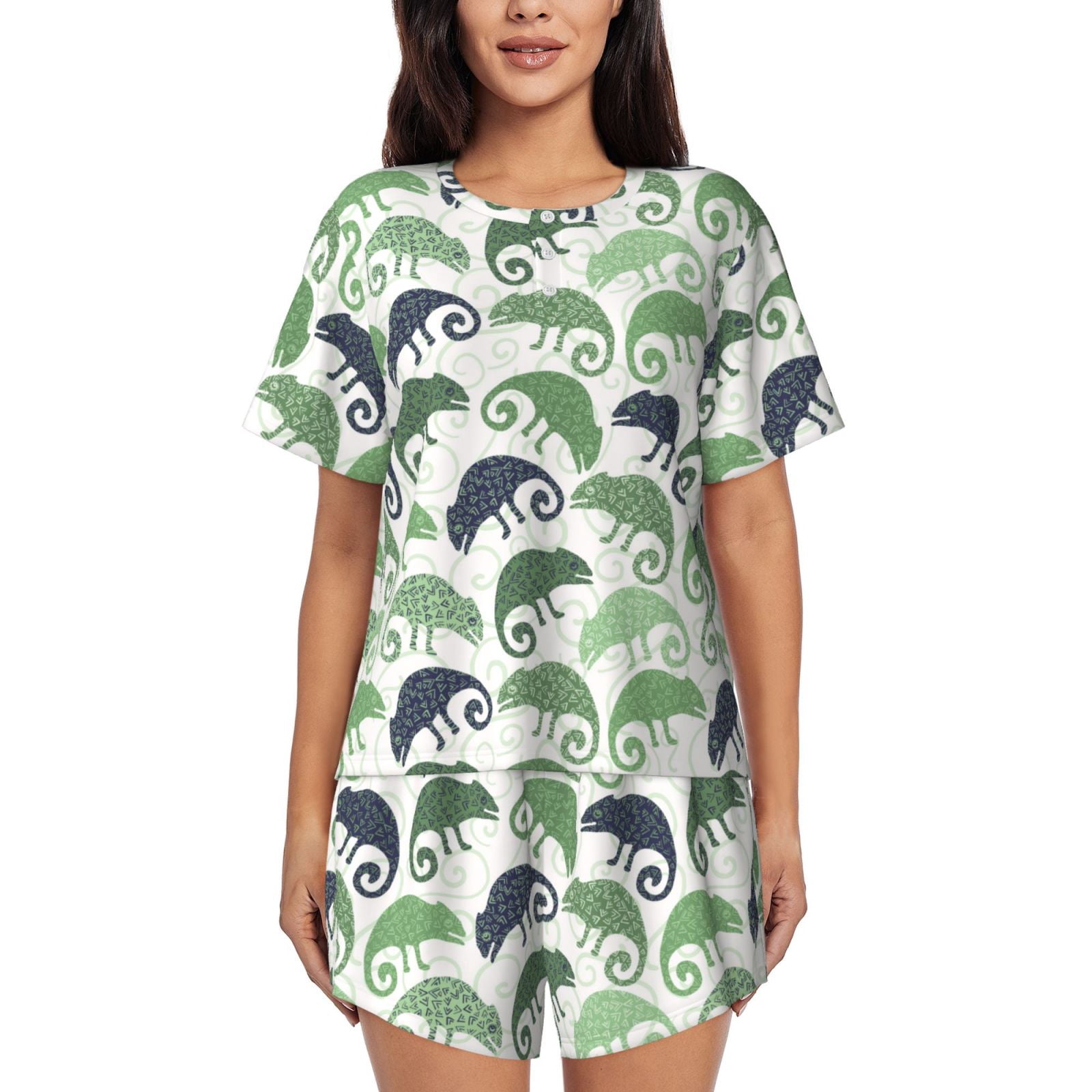 Pajamas For Women Set, Minimalist Funny Chameleon Green Pj Lounge Sets ...