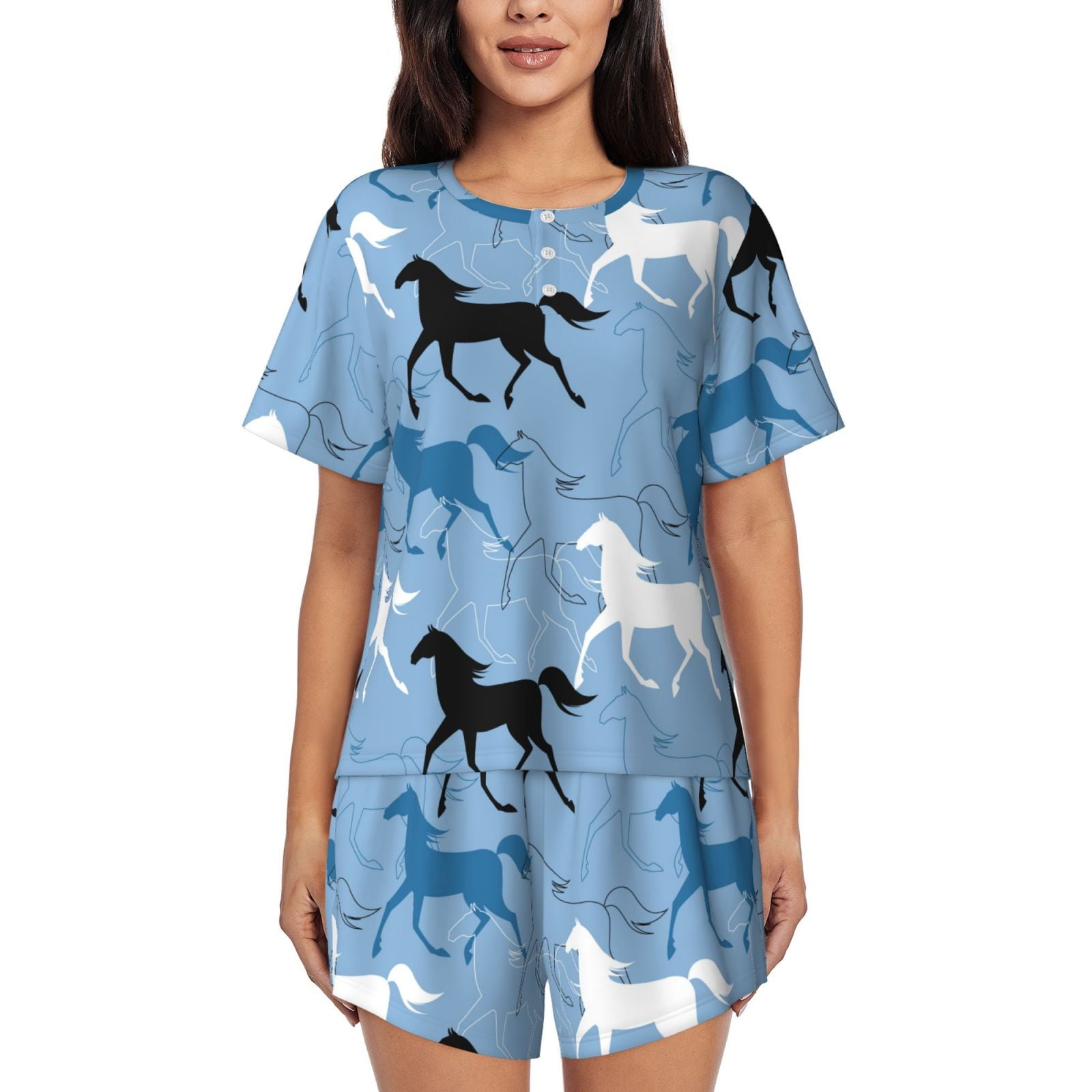 Pajamas For Women Set, Minimalist Line Horse Black White Pj Lounge Sets ...