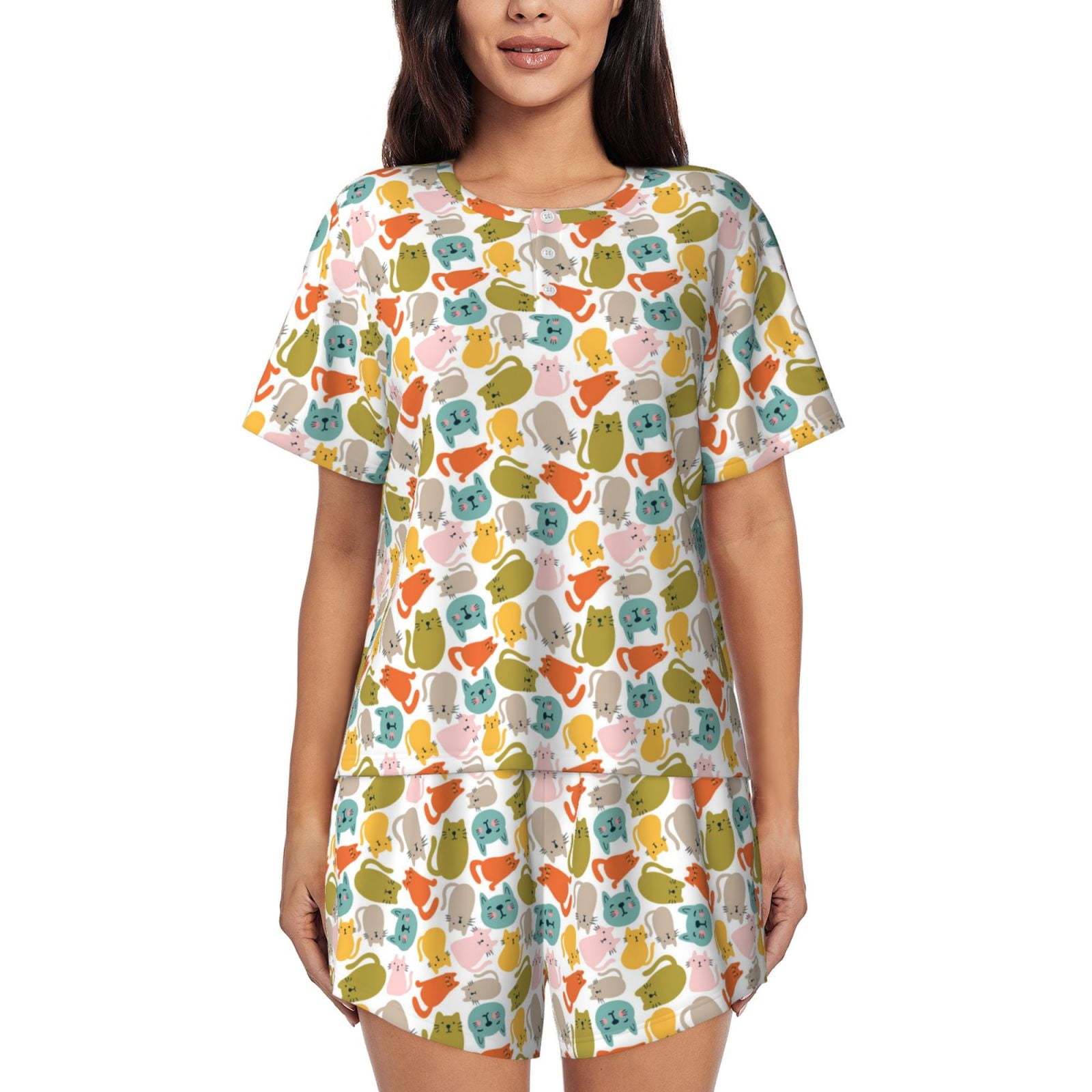 Pajamas For Women Set, Modern Cute Colorful Cartoon Cat Pj Lounge Sets ...