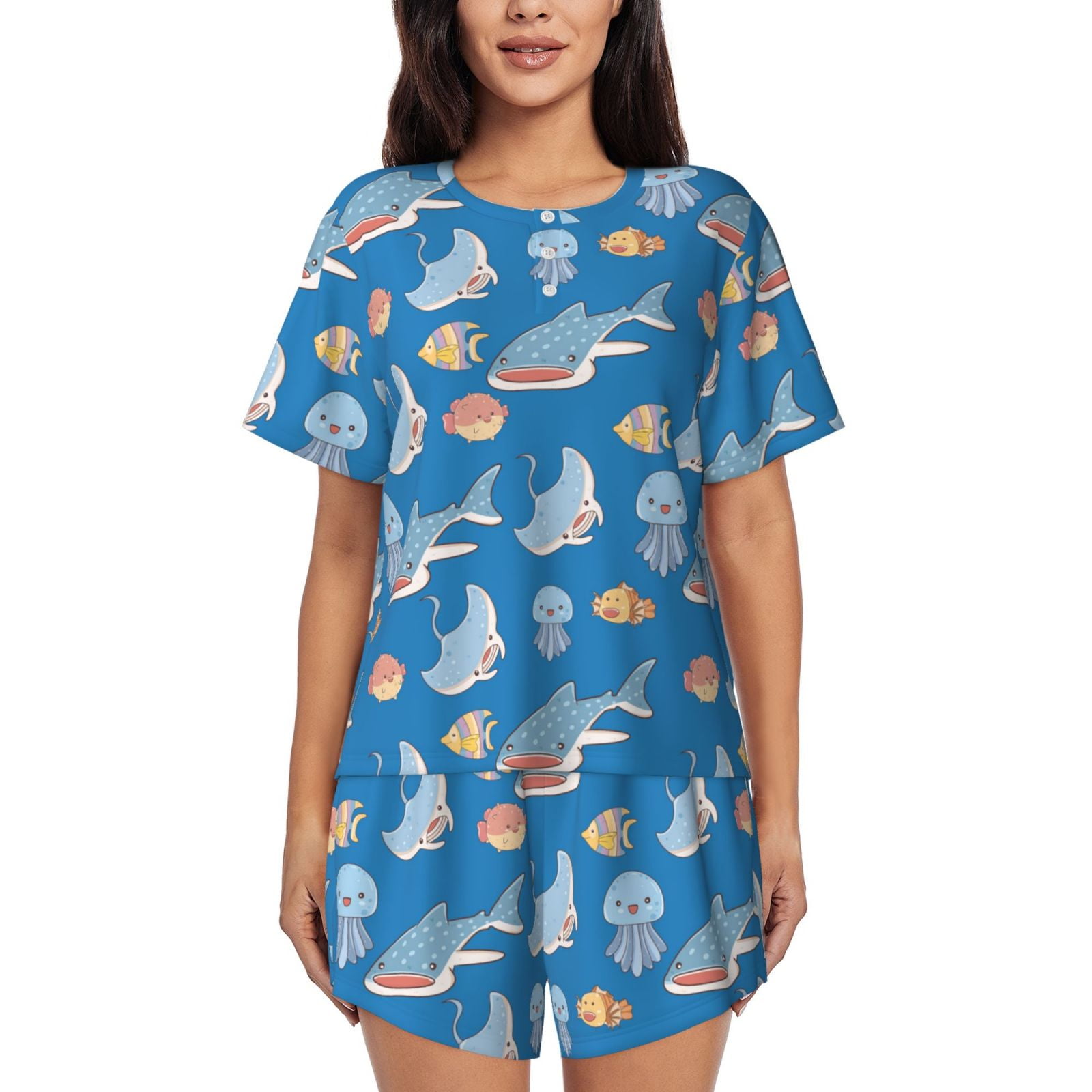 Pajamas For Women Set, Ocean Cute Shark Jellyfish Fish Pj Lounge Sets ...