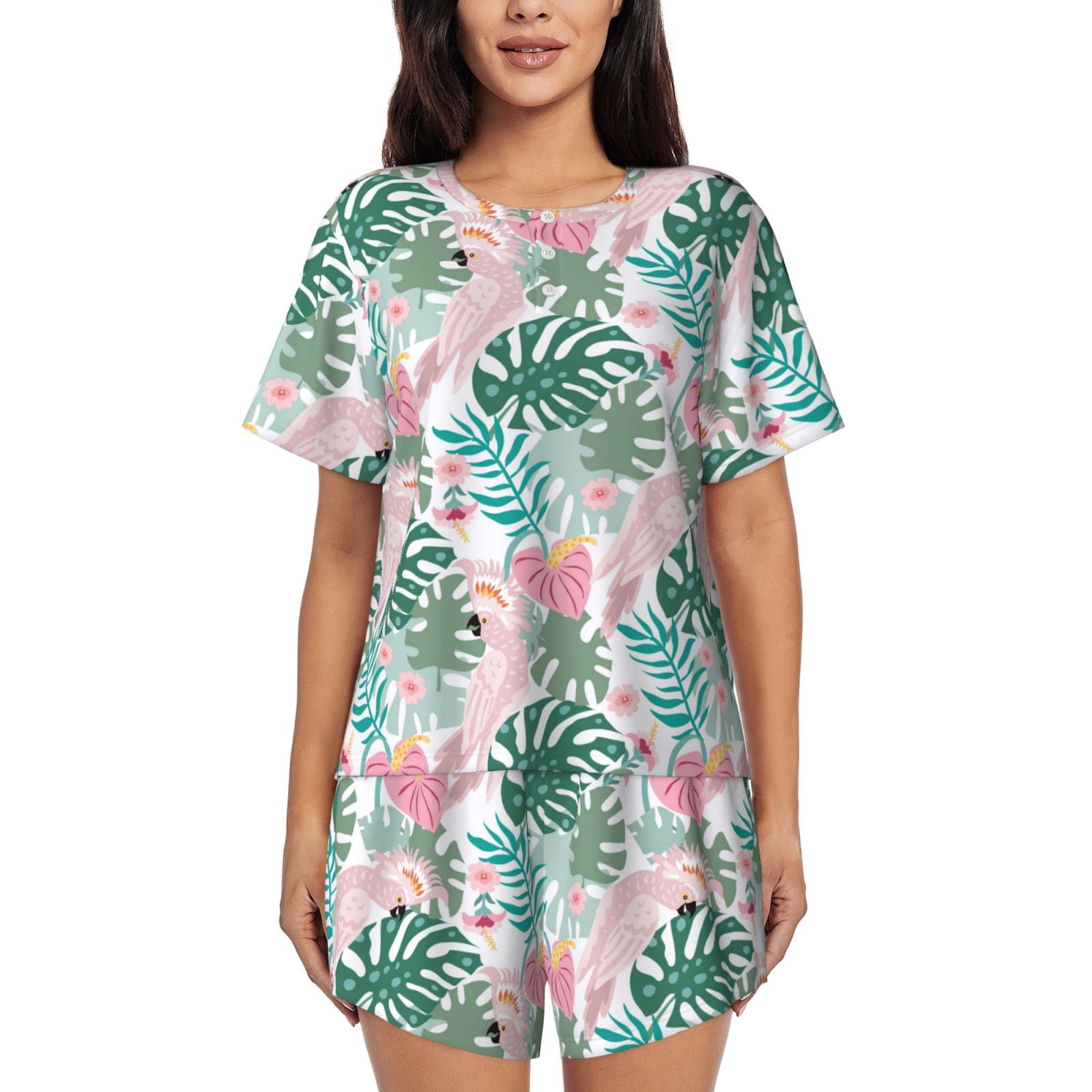 Pajamas For Women Set, Palm Leaves Cute Parrot Pink Pj Lounge Sets For ...
