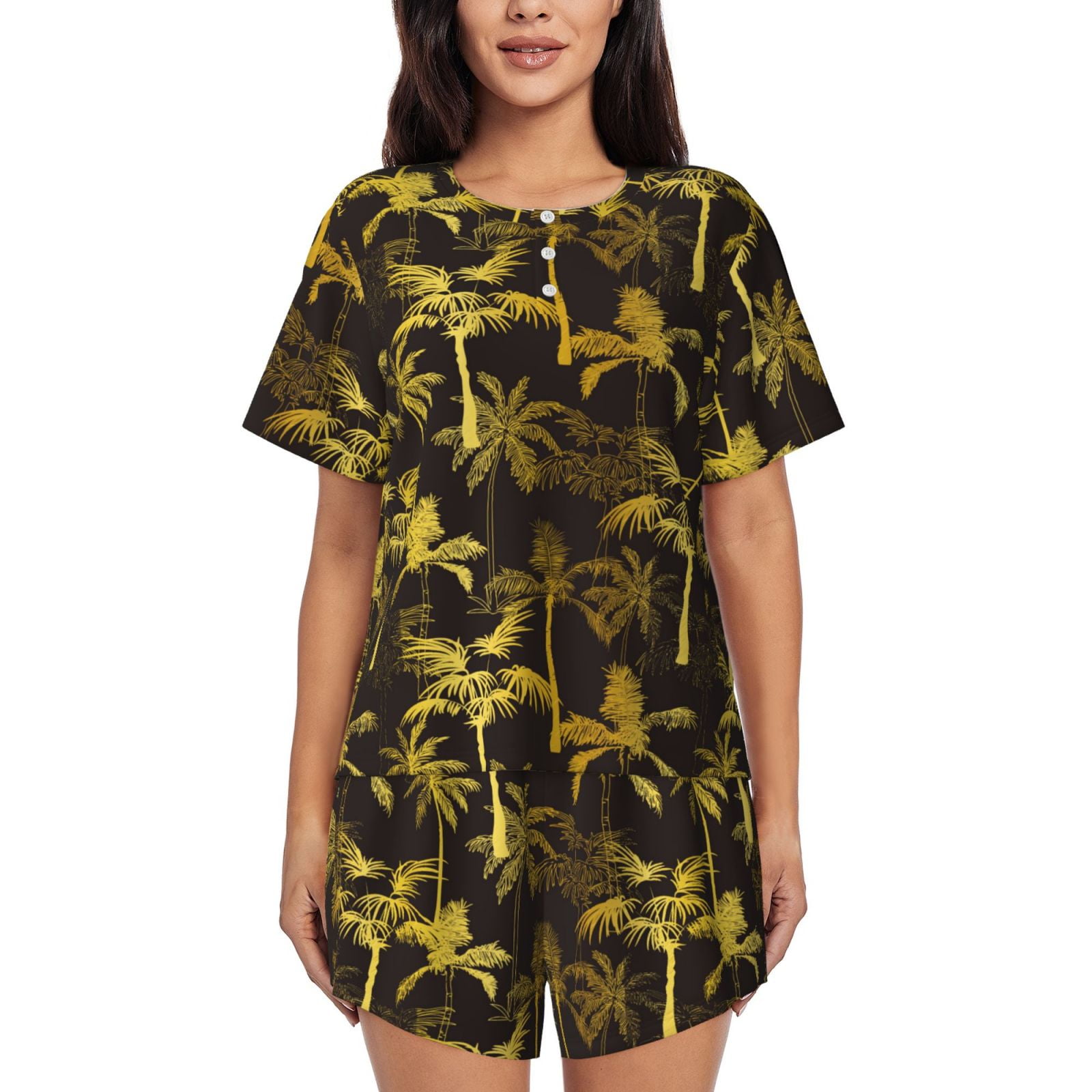 Pajamas For Women Set, Palm Tree Yellow Pj Lounge Sets For Women 2 ...