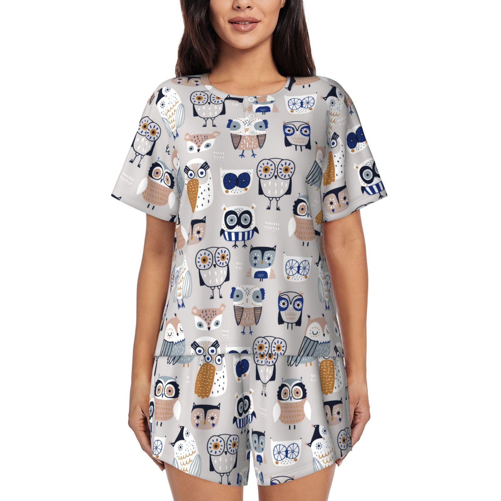 Pajamas For Women Set, Quirky Doodle Owl Grey Pj Lounge Sets For Women ...