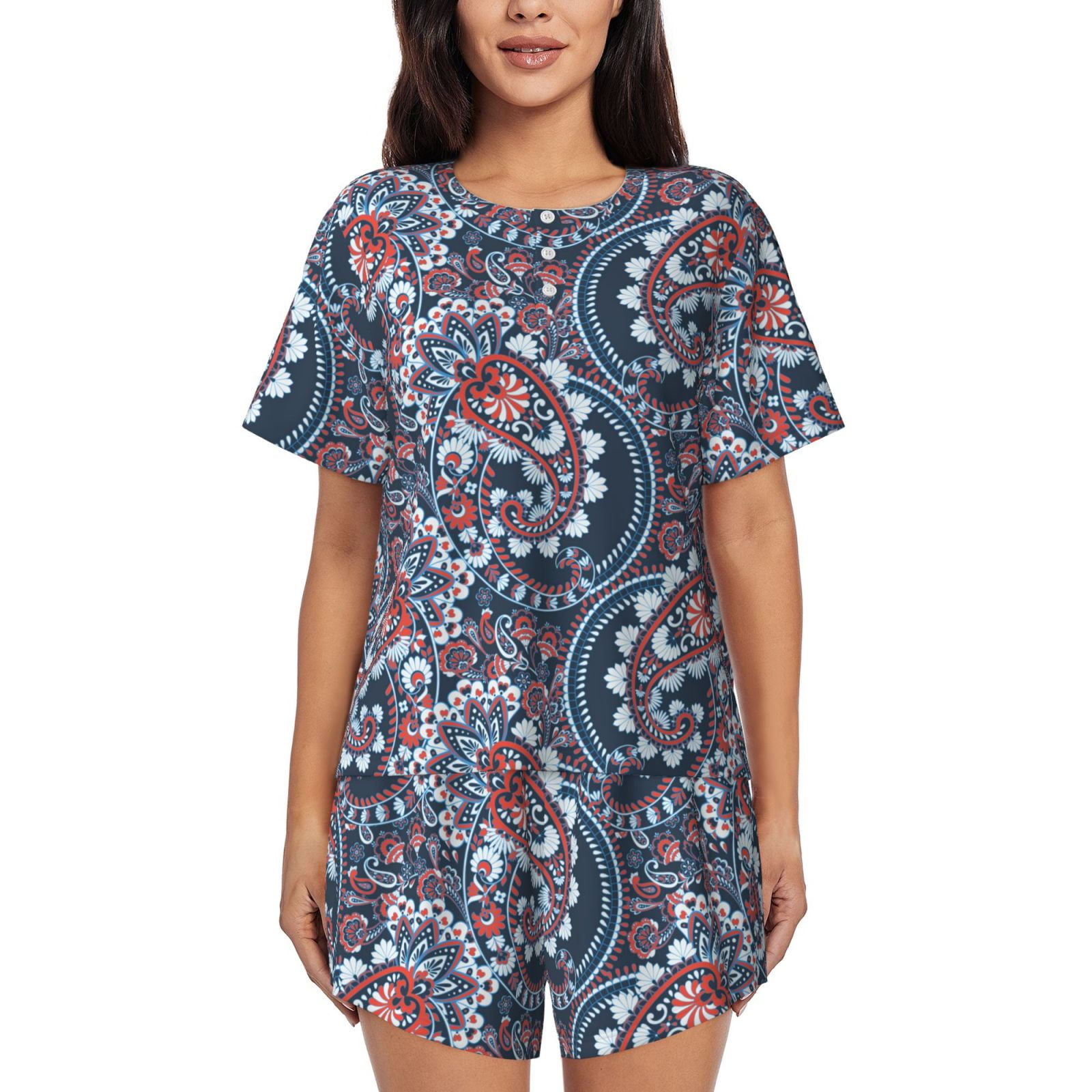 Pajamas For Women Set, Red Blue White Paisley Pj Lounge Sets For Women ...