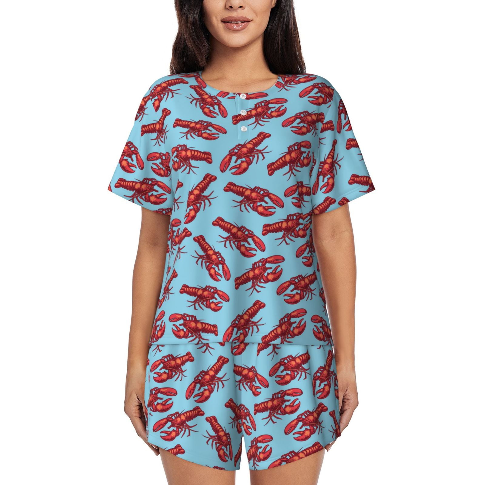 Pajamas For Women Set, Red Lobster Print Blue Pj Lounge Sets For Women ...