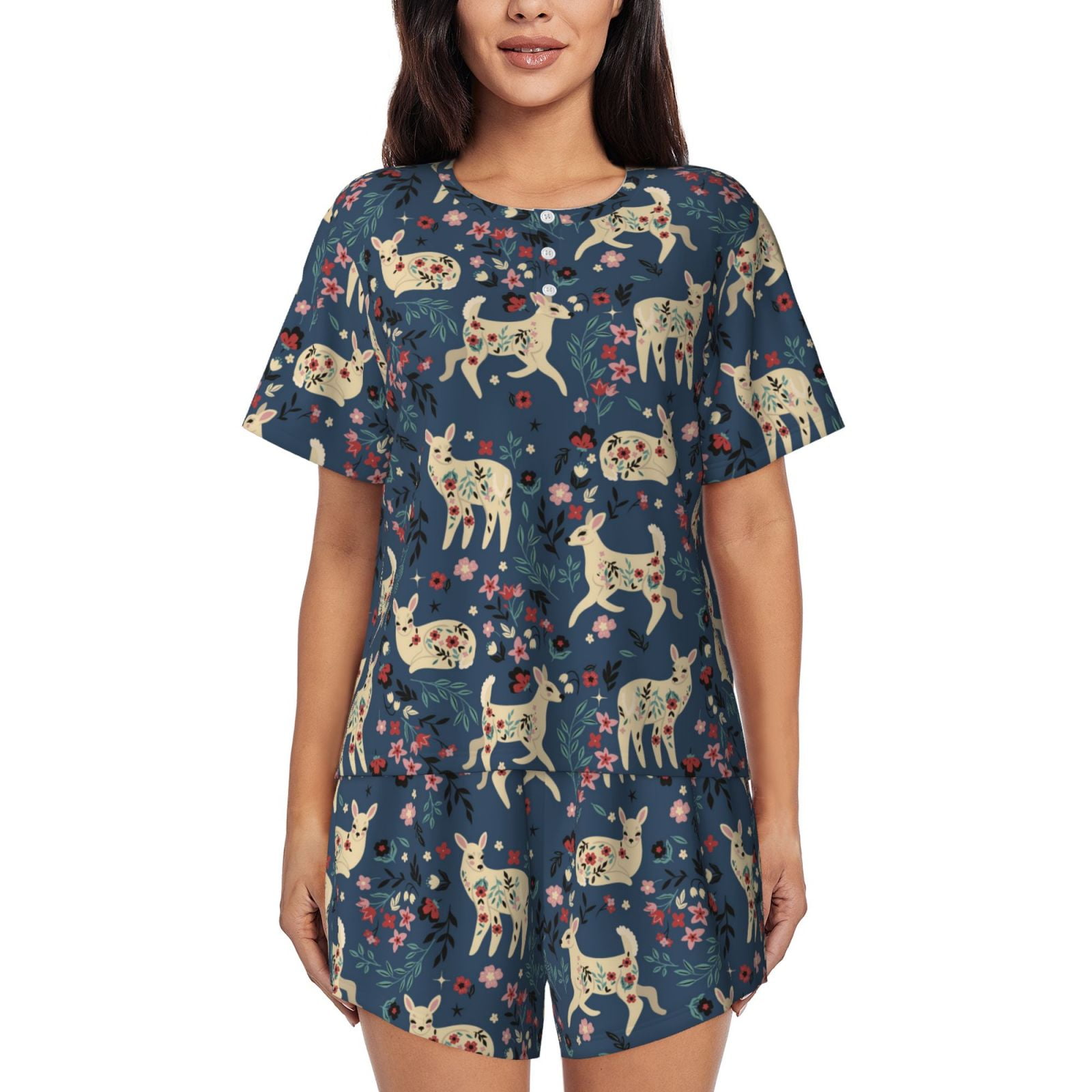 Pajamas For Women Set, Rustic Flower Cute Deer Pj Lounge Sets For Women ...