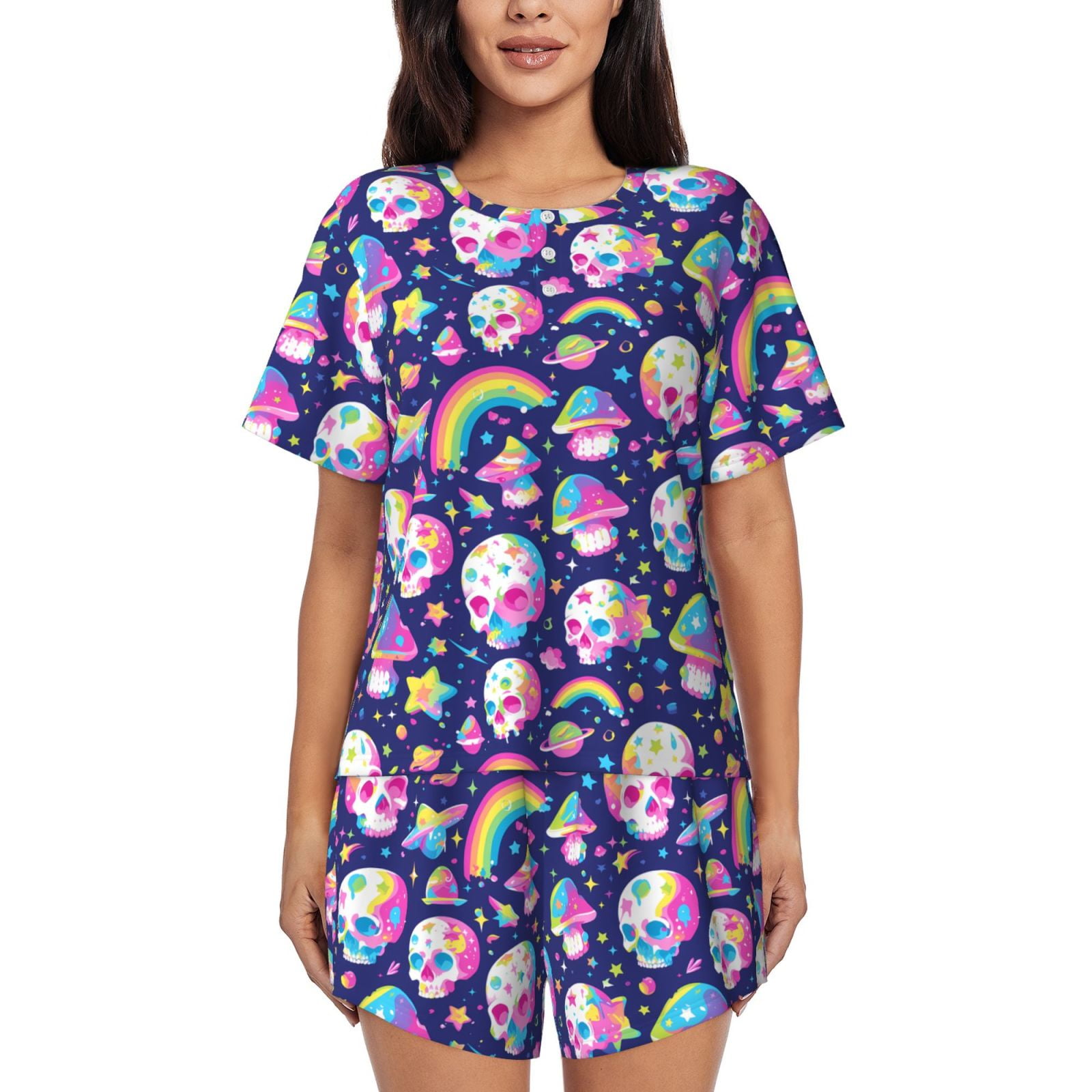 Pajamas For Women Set, Skull Mushroom Rainbow Space Pj Lounge Sets For ...