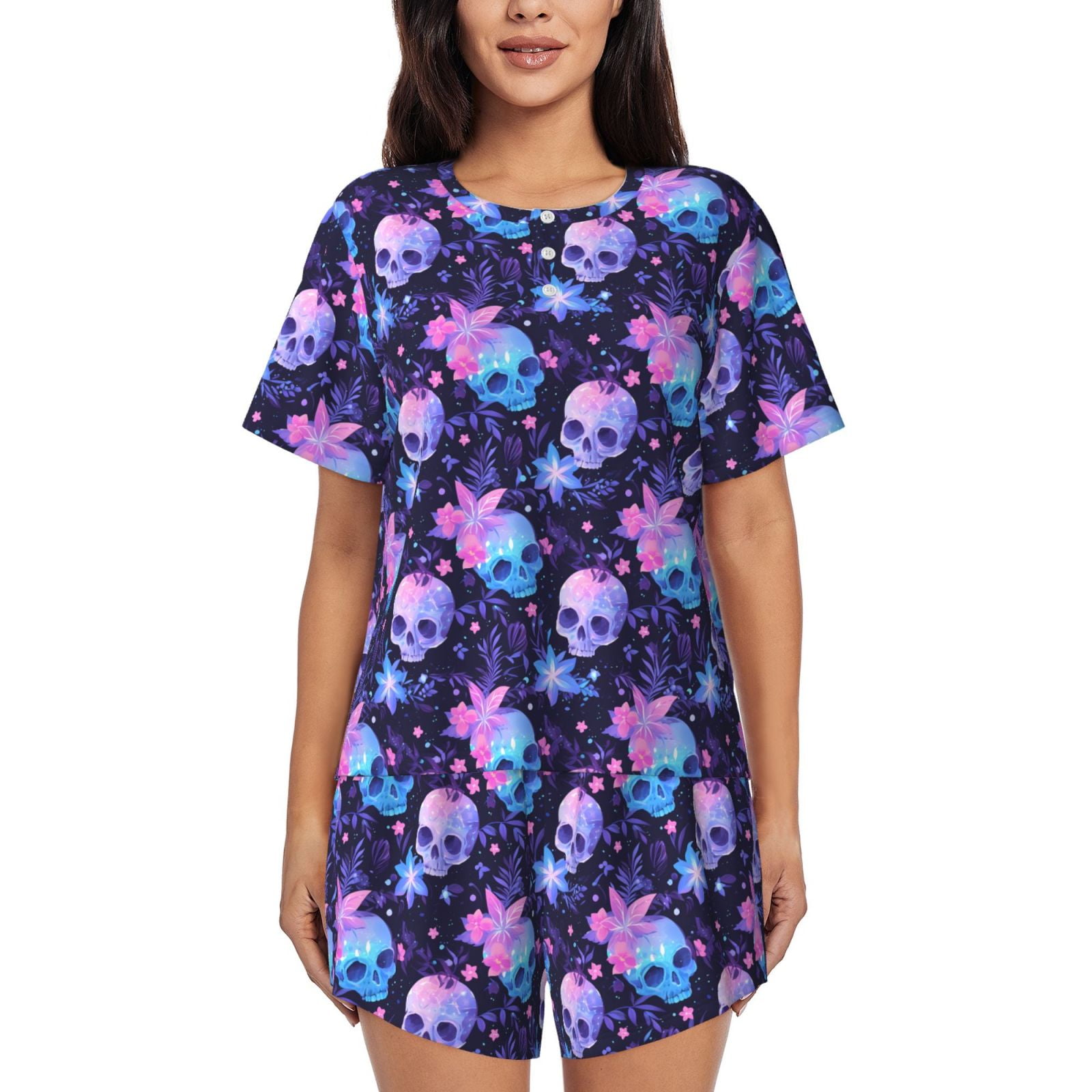 Pajamas For Women Set, Skull Starry Sky Flower Leaf Pj Lounge Sets For ...