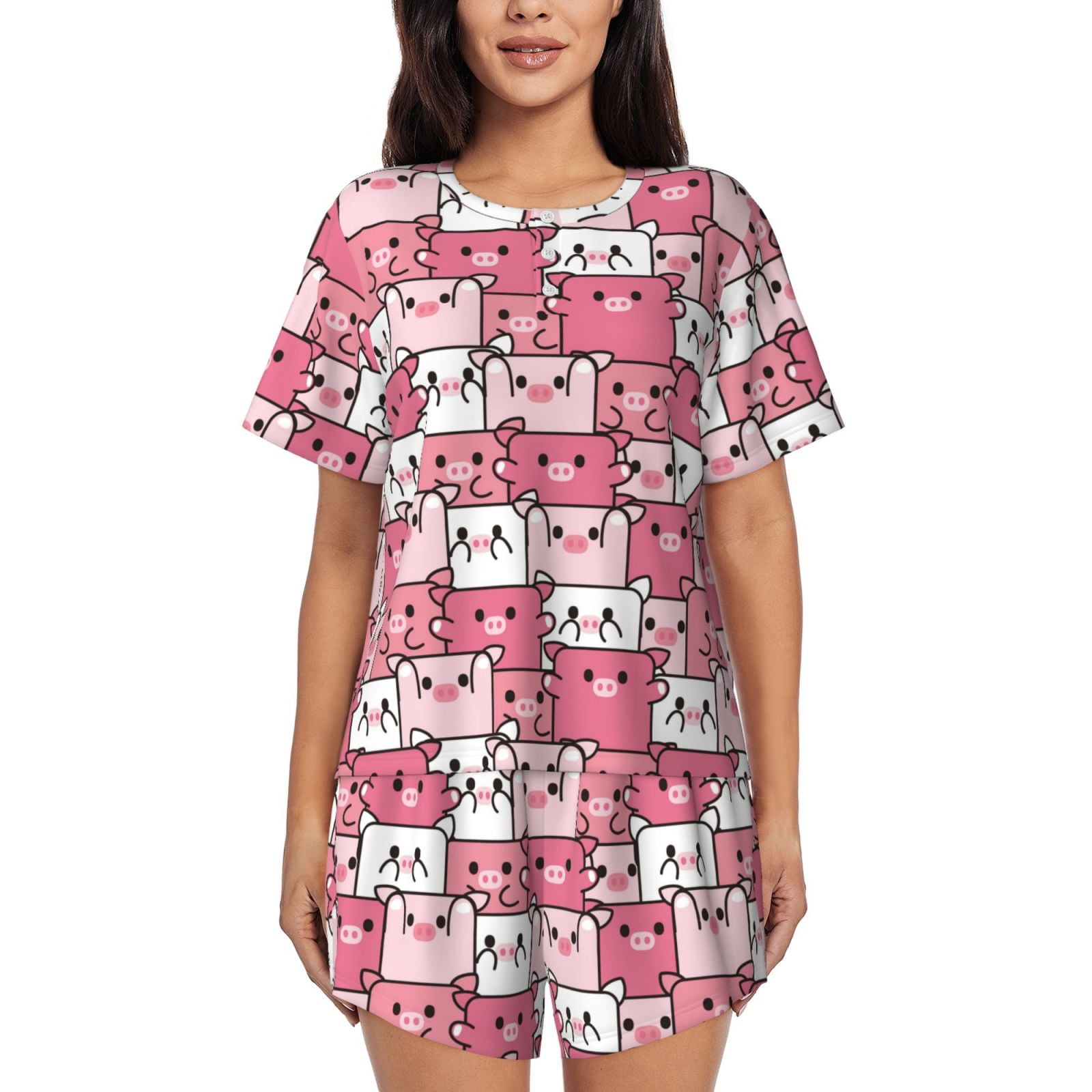 Pajamas For Women Set - Square Cute Pig Pink 2 Piece Womens Pajama Sets ...
