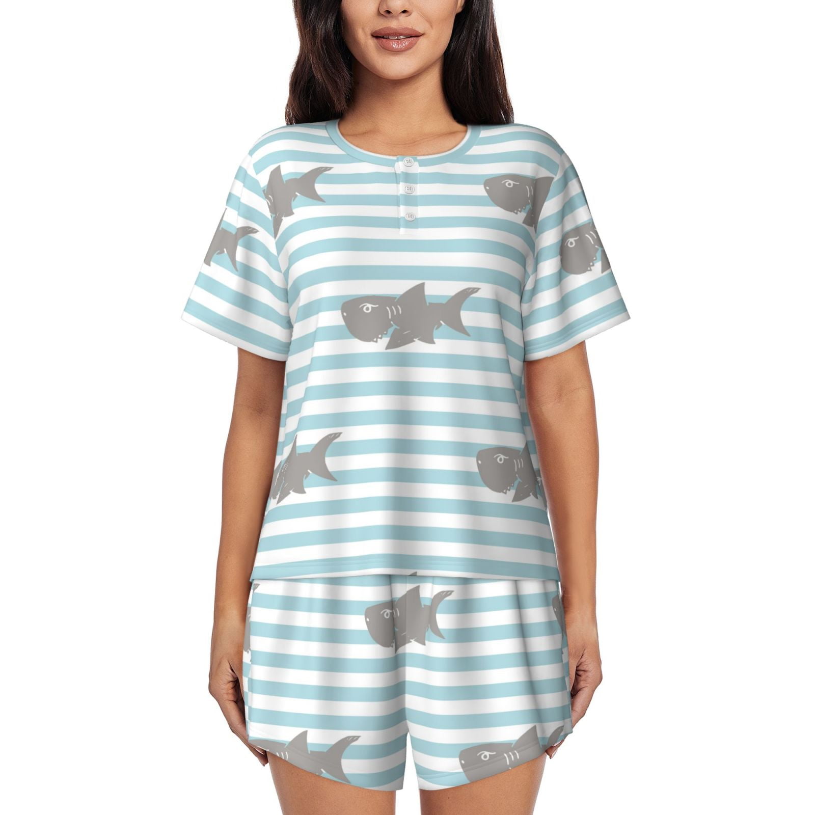 Pajamas For Women Set, Striped Cartoon Cute Shark Pj Lounge Sets For ...