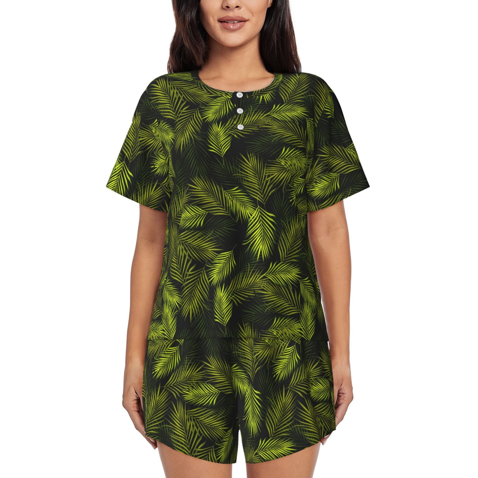 Pajamas For Women Set, Tropical Palm Leaves Fern Leaf Pj Lounge Sets ...