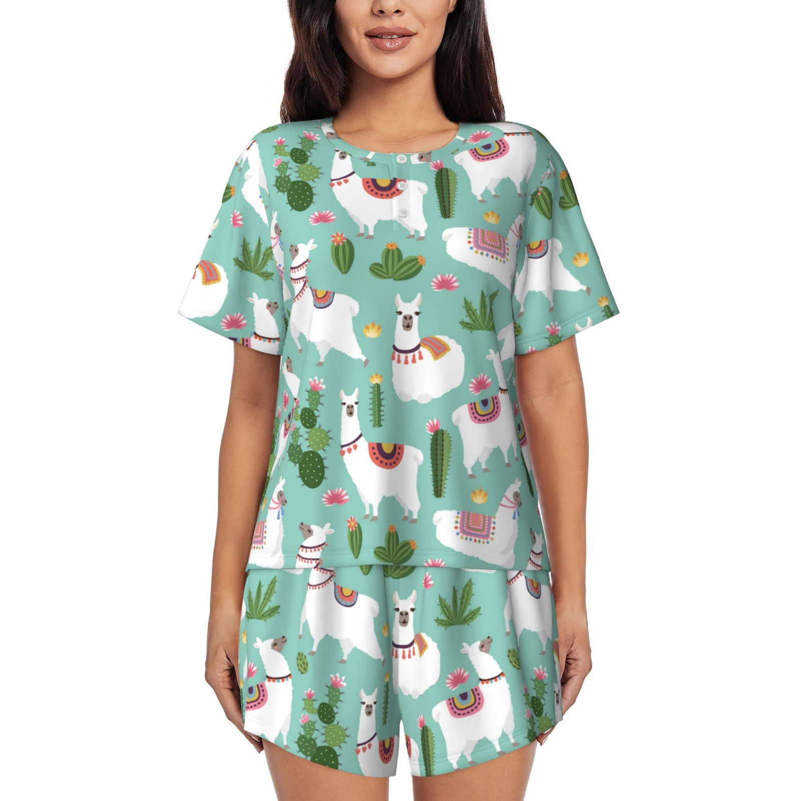 Pajamas For Women Set, White Cute Alpaca Green Cactus Pj Lounge Sets ...
