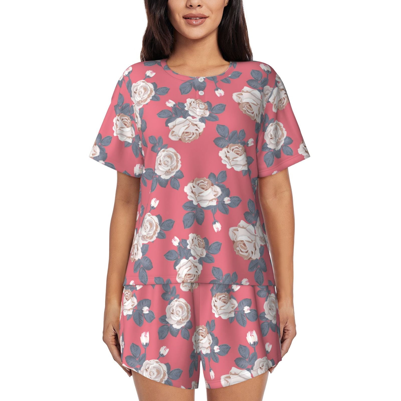 Pajamas For Women Set, White Rose Flowers Pj Lounge Sets For Women 2 ...