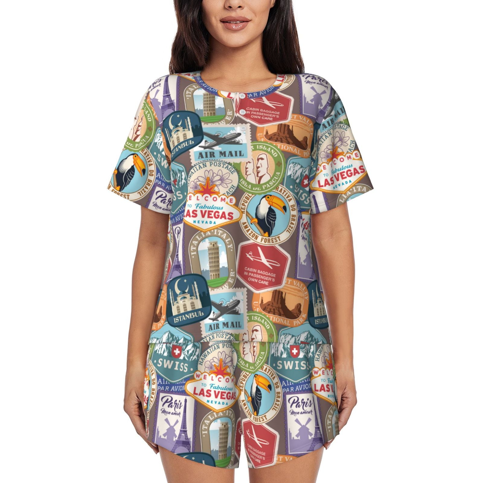 Pajamas For Women Set, Worlds Stamp Pattern Pj Lounge Sets For Women 2 ...